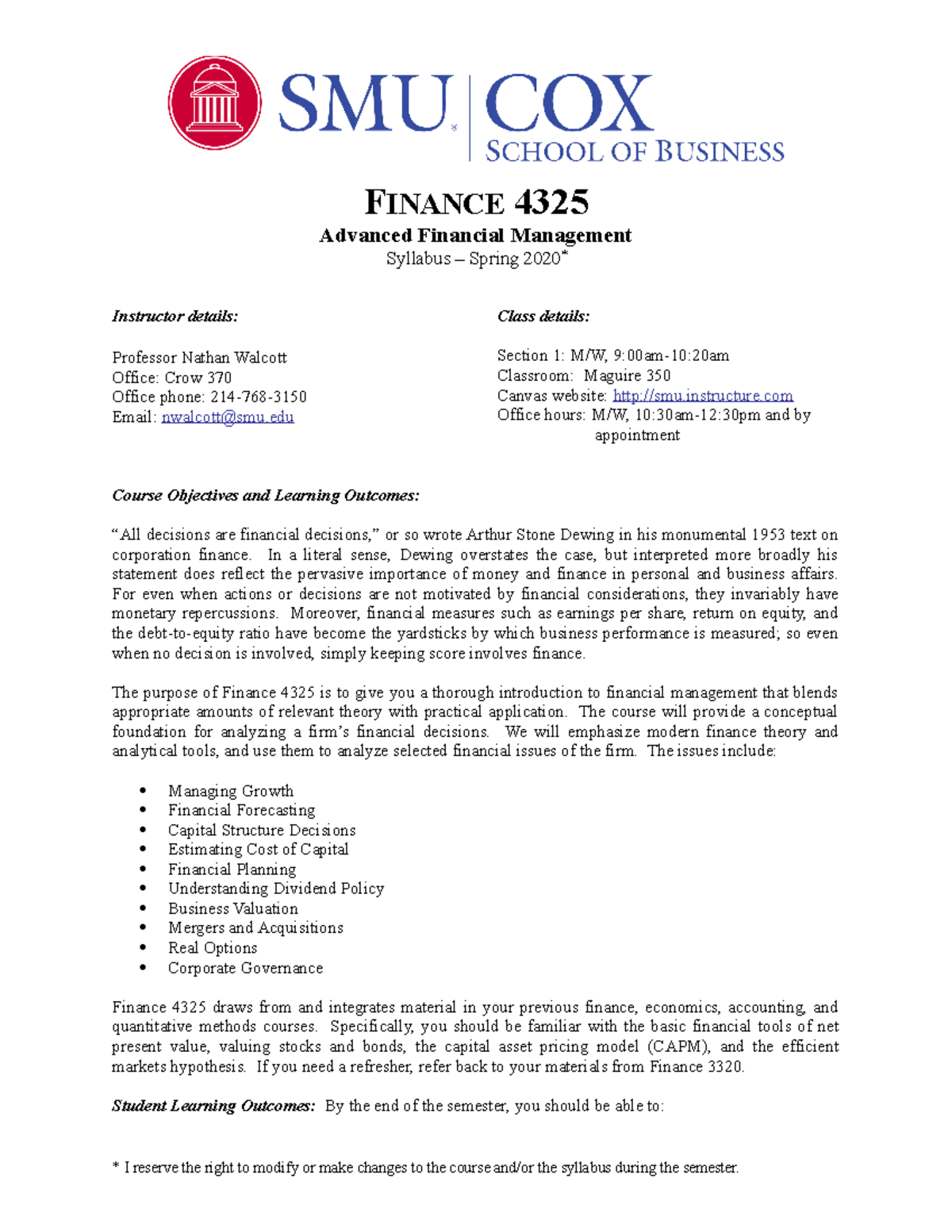 FINA4325 syllabus s20 - FINANCE 4325 Advanced Financial Management ...