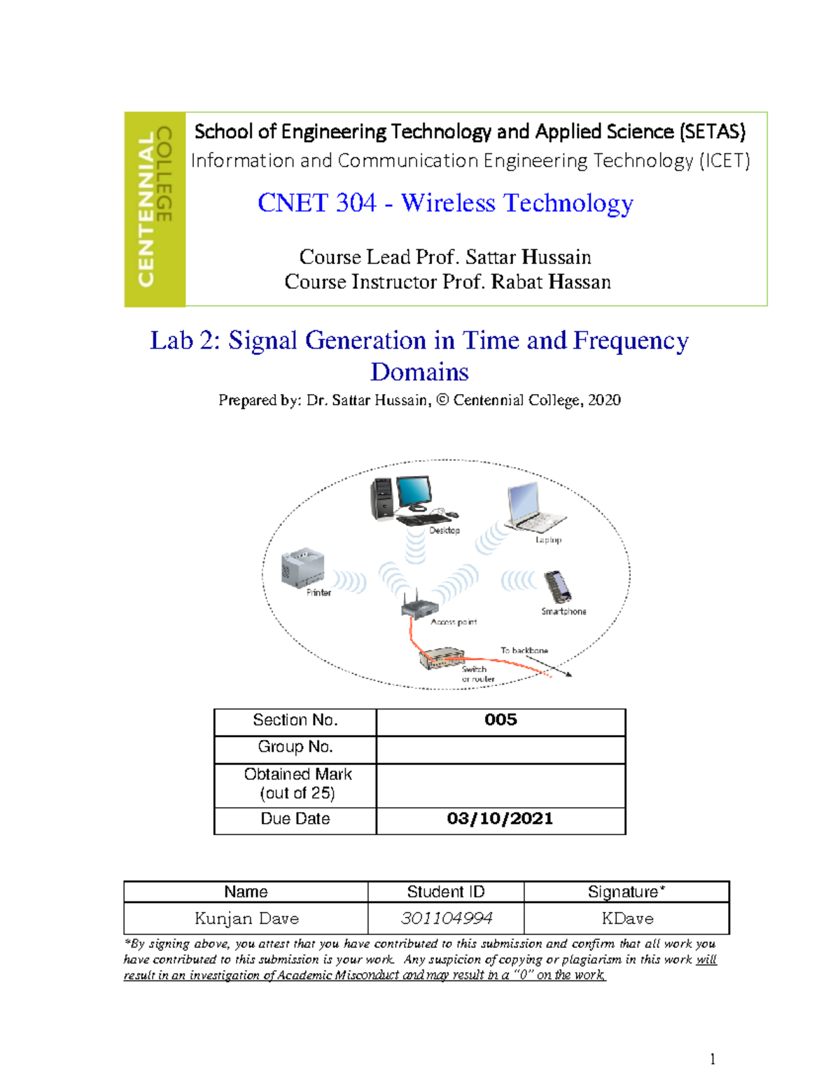 CNET304 Lab 2 Signal Analysis in Time and Frequency D - Lab 2: Signal ...