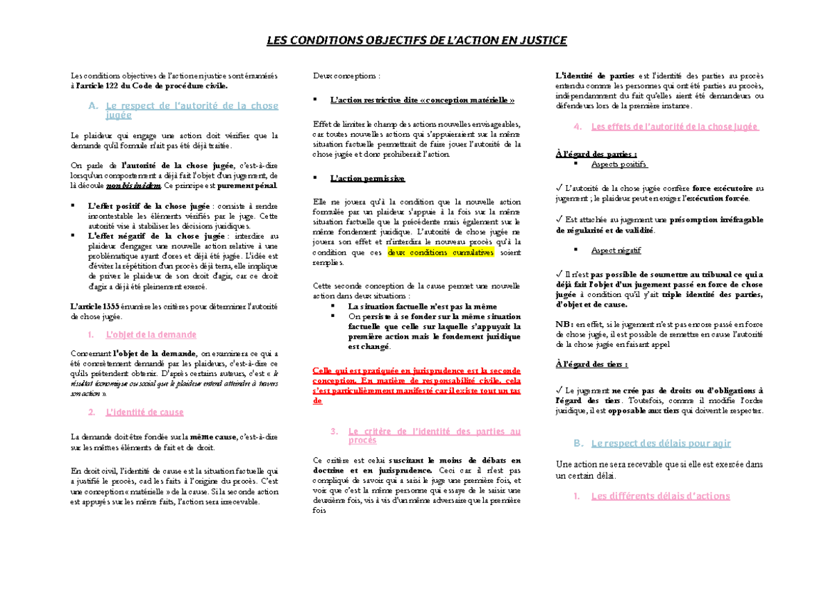 LES CONDITIONS OBJECTIFS DE L’ACTION EN JUSTICE - LES CONDITIONS ...