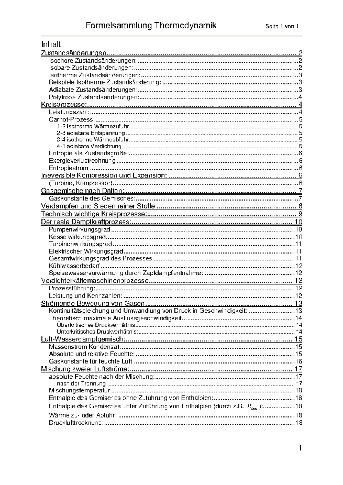 Formelsammlung Thermodynamik-1 - Inhalt Allgemeine Gleichungen ...