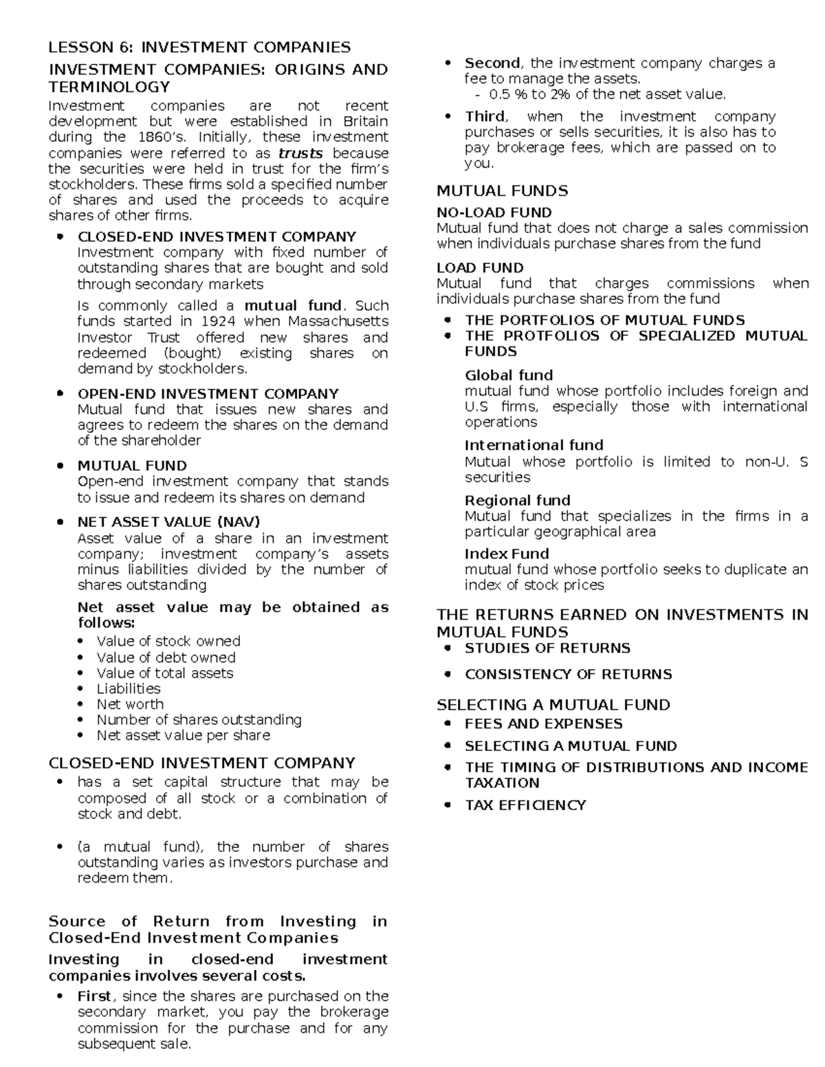 Lesson-6 - Capital Market - LESSON 6: INVESTMENT COMPANIES INVESTMENT ...