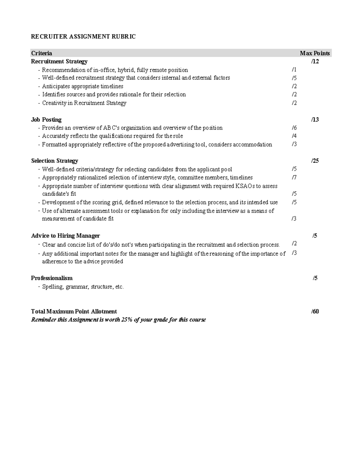 Recruiter Assignment Rubric - RECRUITER ASSIGNMENT RUBRIC Criteria Max ...