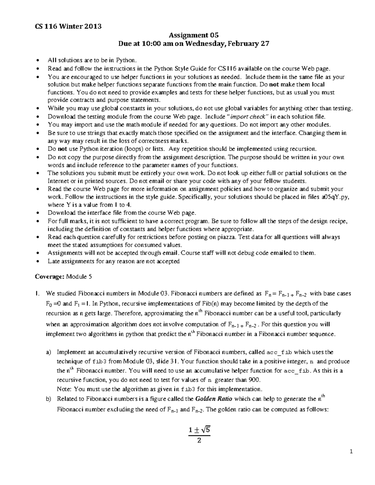 Exam 27 February 2013, questions - CS 116 Winter 2013 Assignment 05 Due ...