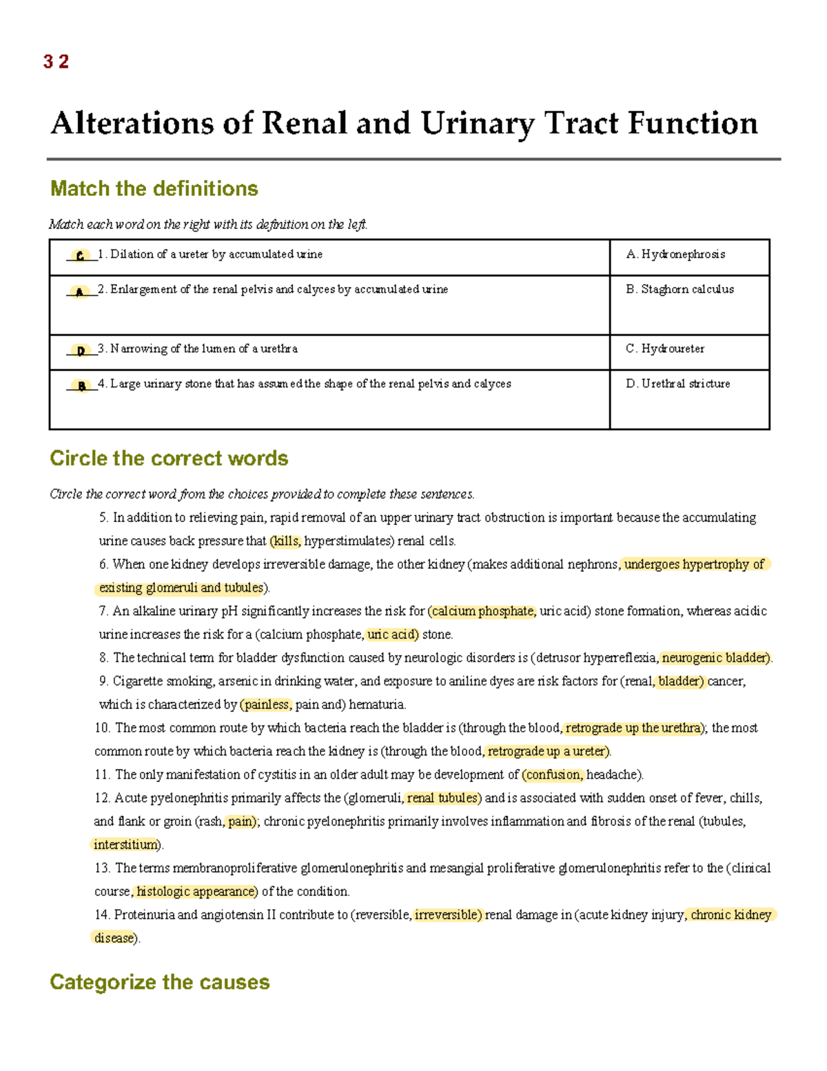 Study Guide Workbok Ch. 33 - 32 Alterations of Renal and Urinary Tract ...