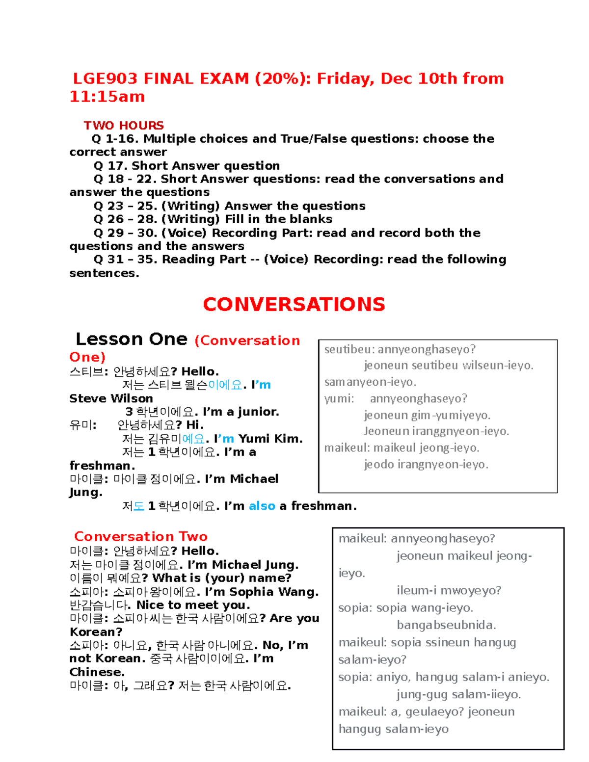 Korean Conversation - Studying about Hangul - LGE903 FINAL EXAM (20% ...