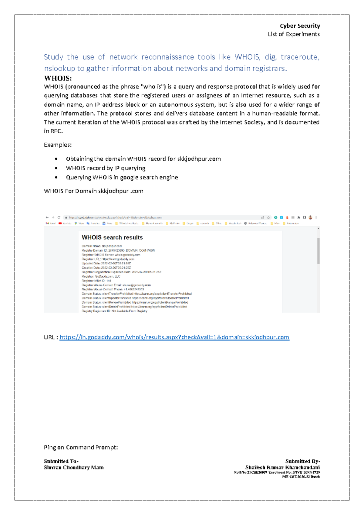 Cyber Security Assignment - List of Experiments Submitted To- Submitted By- Simran Choudhary Mam ...