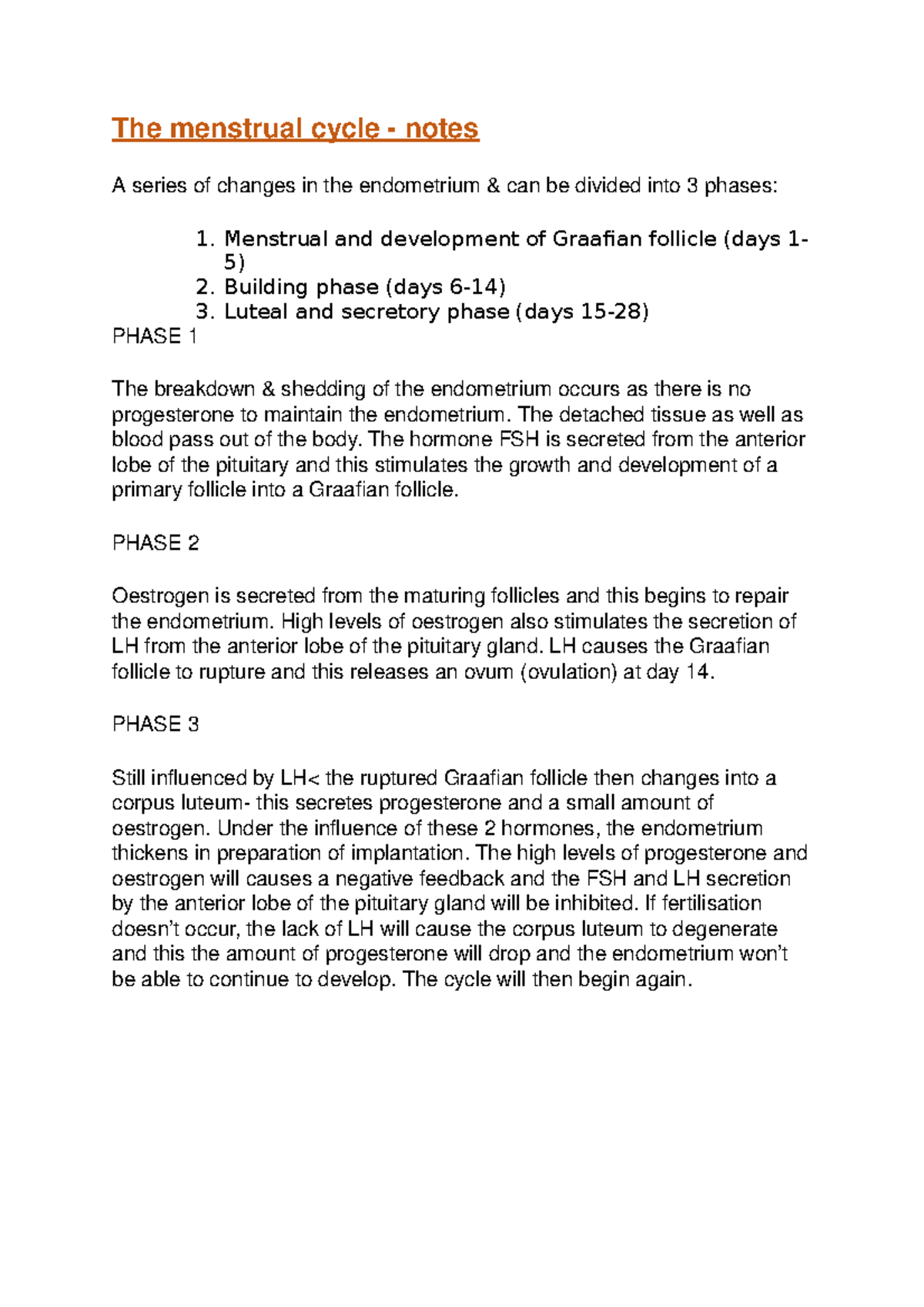 Grade 12 menstrual cycle notes - The menstrual cycle - notes A series ...