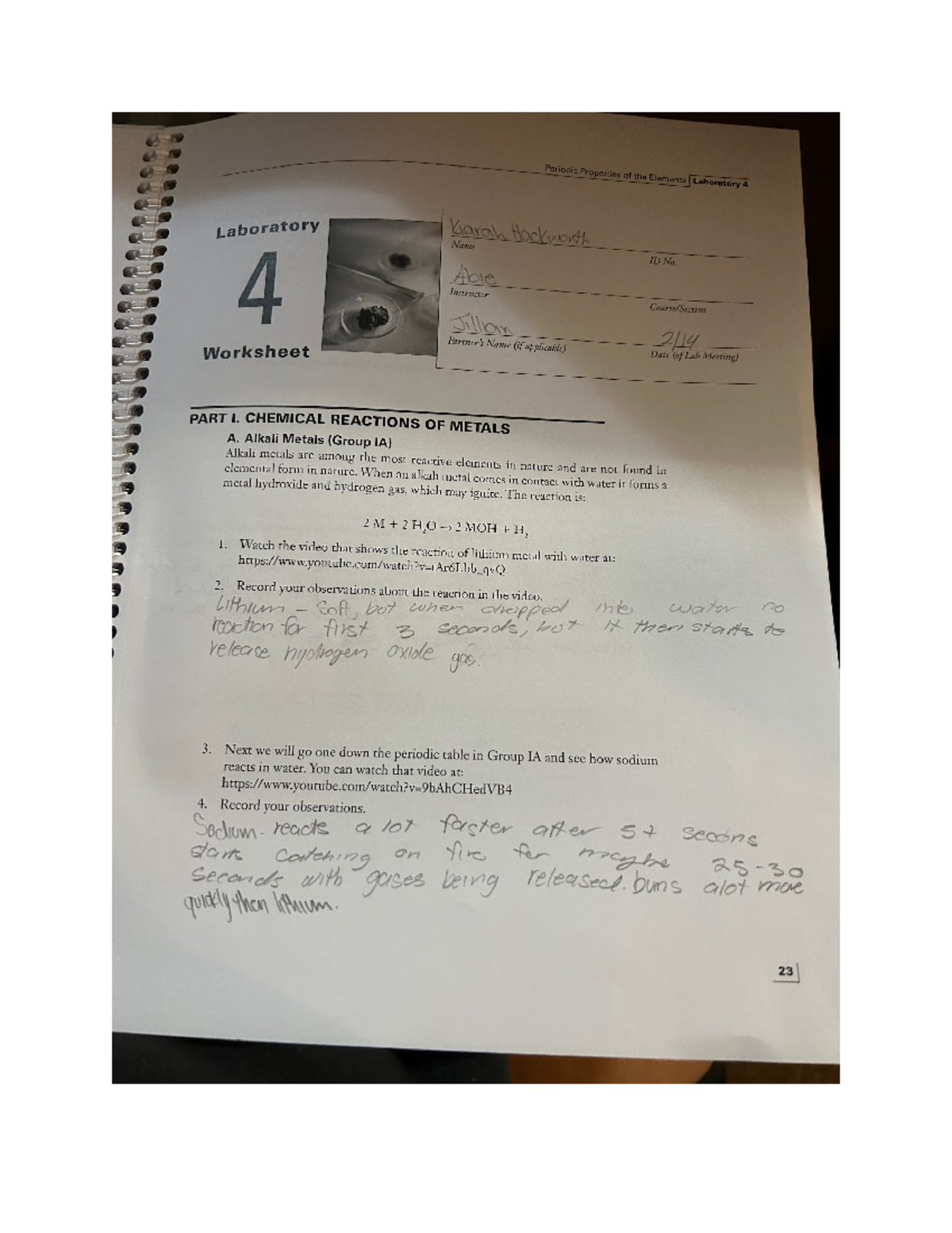 Lab 4 - alkali metals - CHMY 143 - Studocu