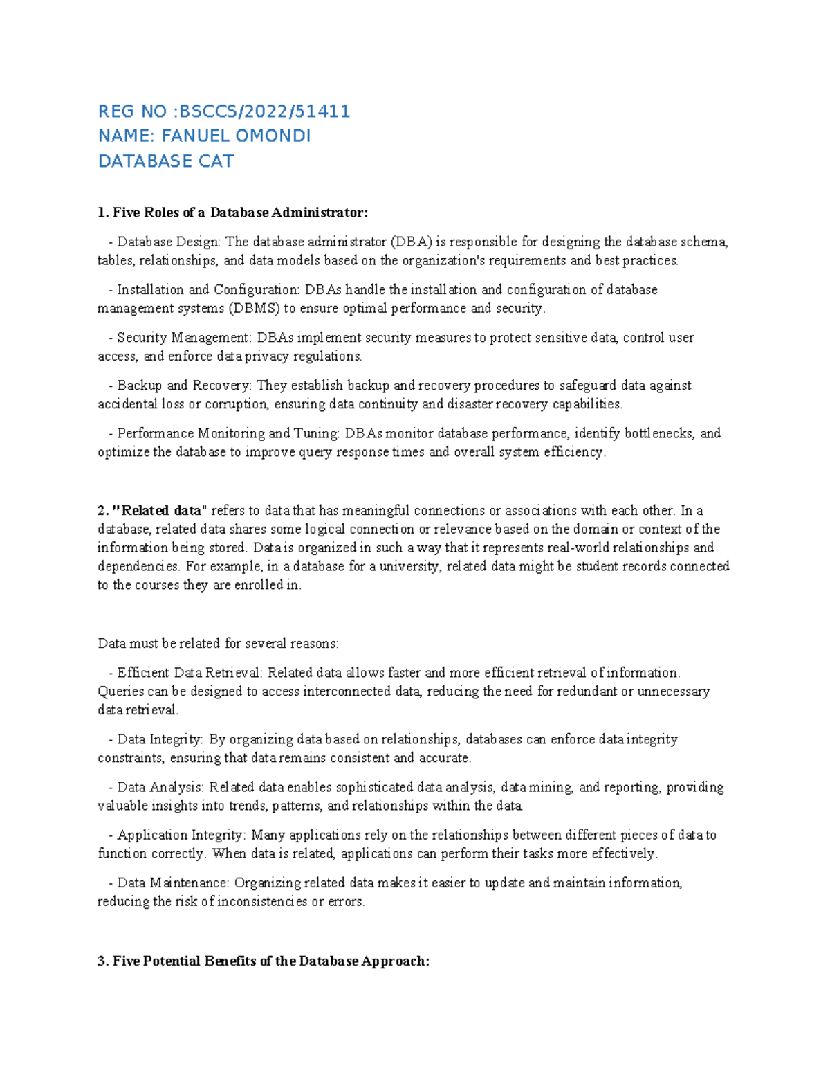 Database cat - REG NO :BSCCS/2022/ NAME: FANUEL OMONDI DATABASE CAT 1 ...