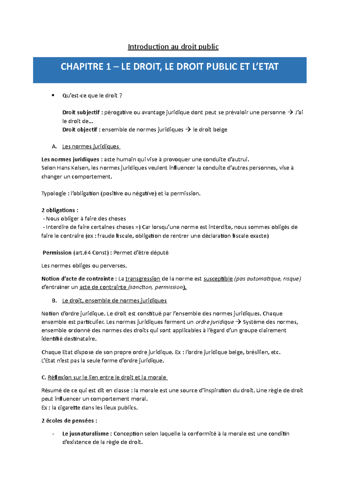 Droit public - Introduction au droit public CHAPITRE 1 – LE DROIT, LE DROIT PUBLIC ET L’ETAT ...