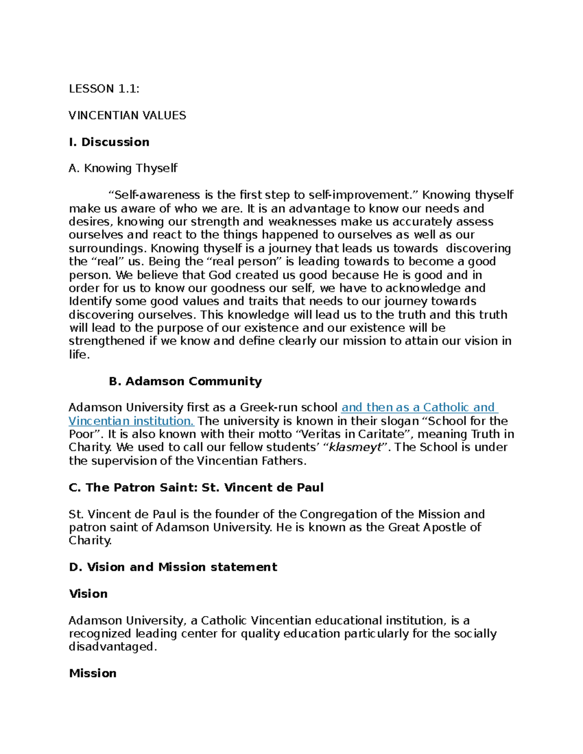 Module 1 - sdfsdfs - LESSON 1: VINCENTIAN VALUES I. Discussion A ...