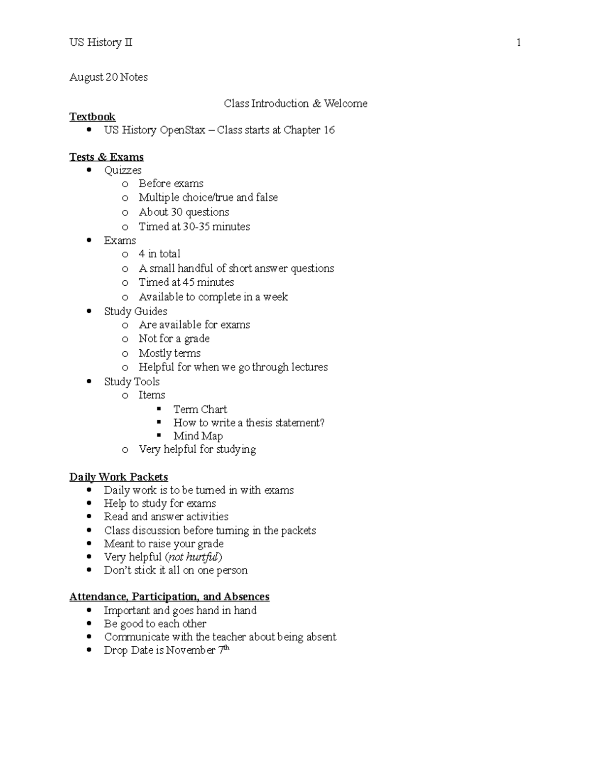 US Hist - Aug 20 Notes - US History II August 20 Notes Class ...