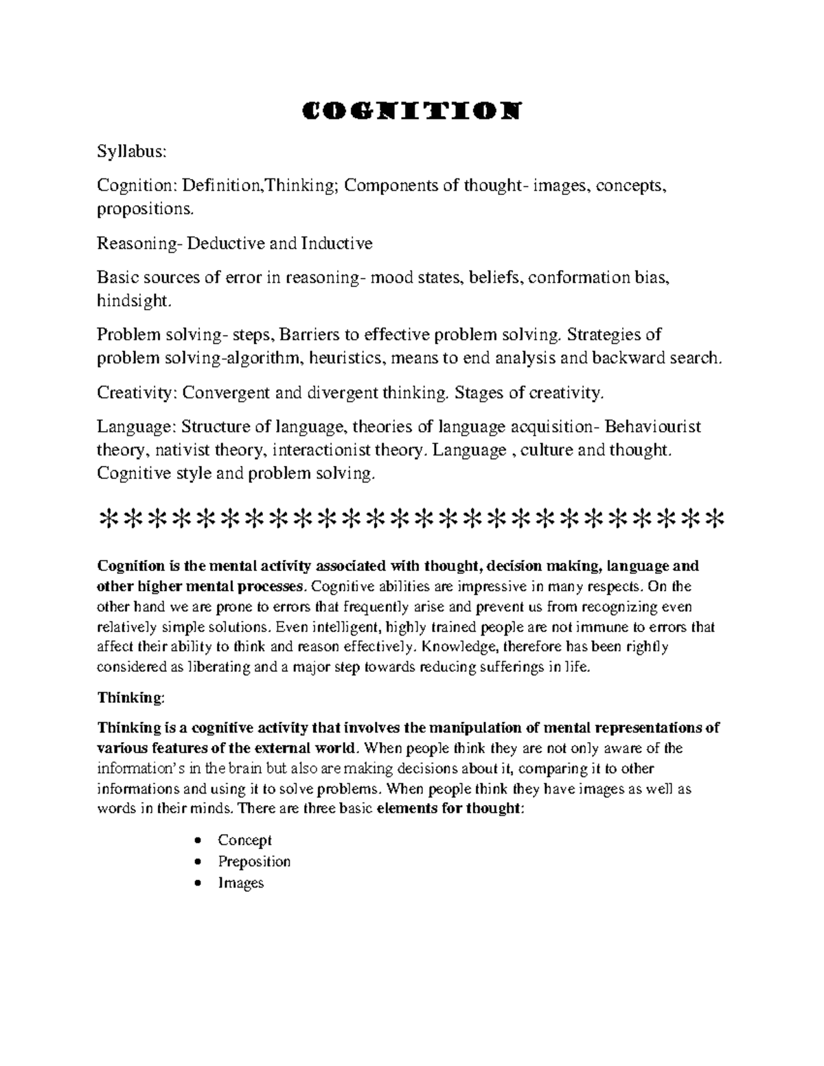 Cognition - Psychology notes - COGNITION Syllabus: Cognition ...