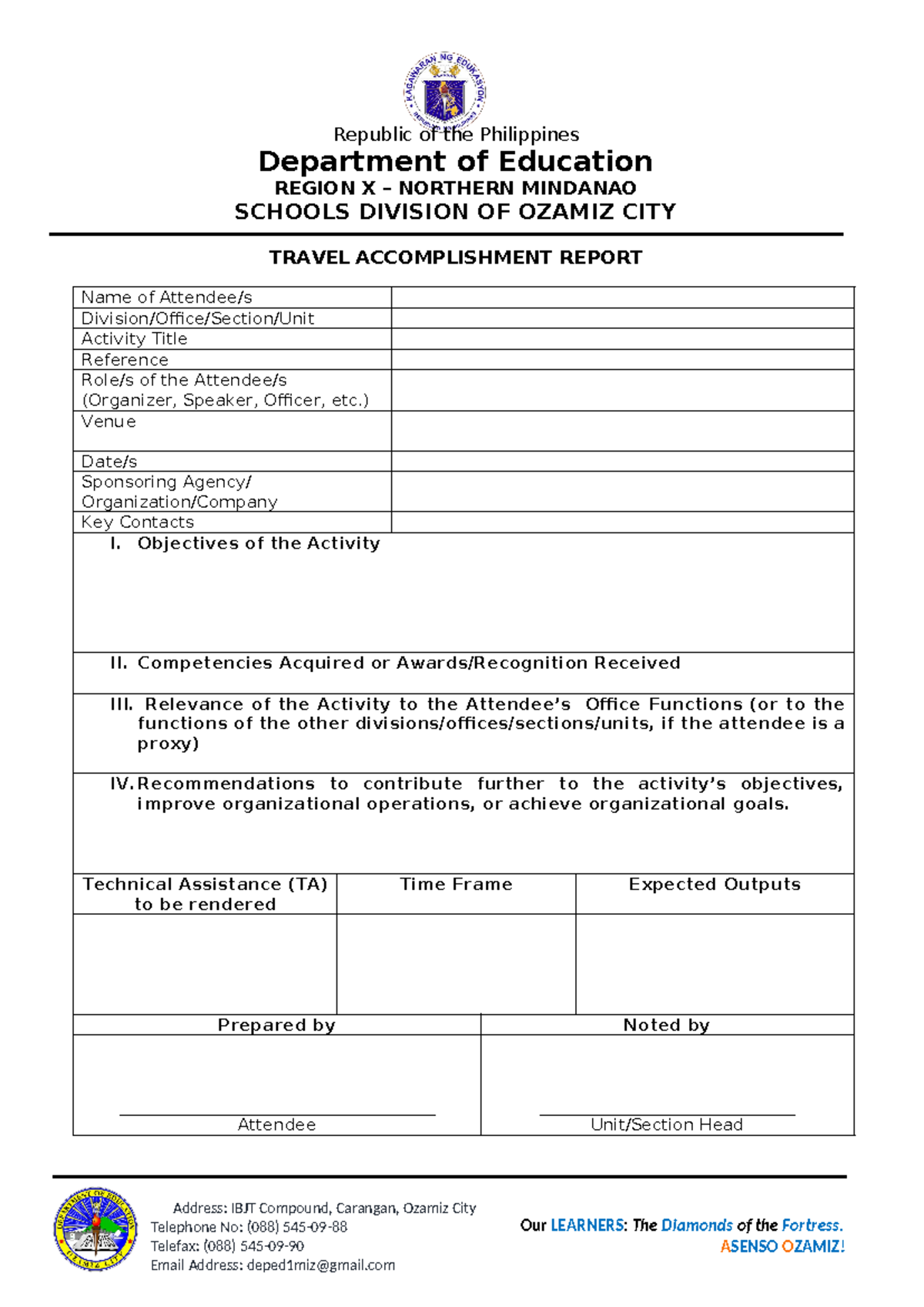 Travel Accomplishment Report Form - Our LEARNERS: The Diamonds of the ...