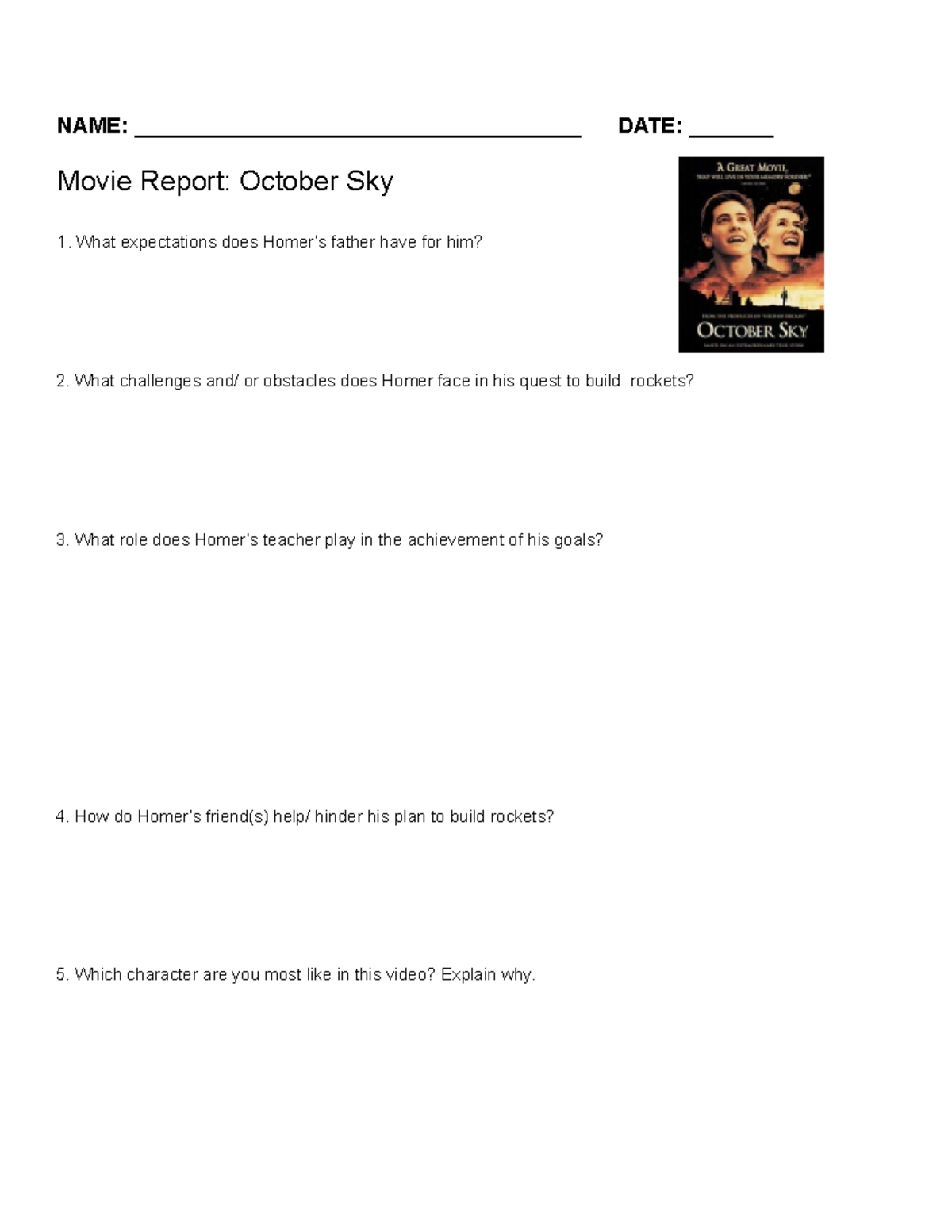 October Sky movie report - NAME ...