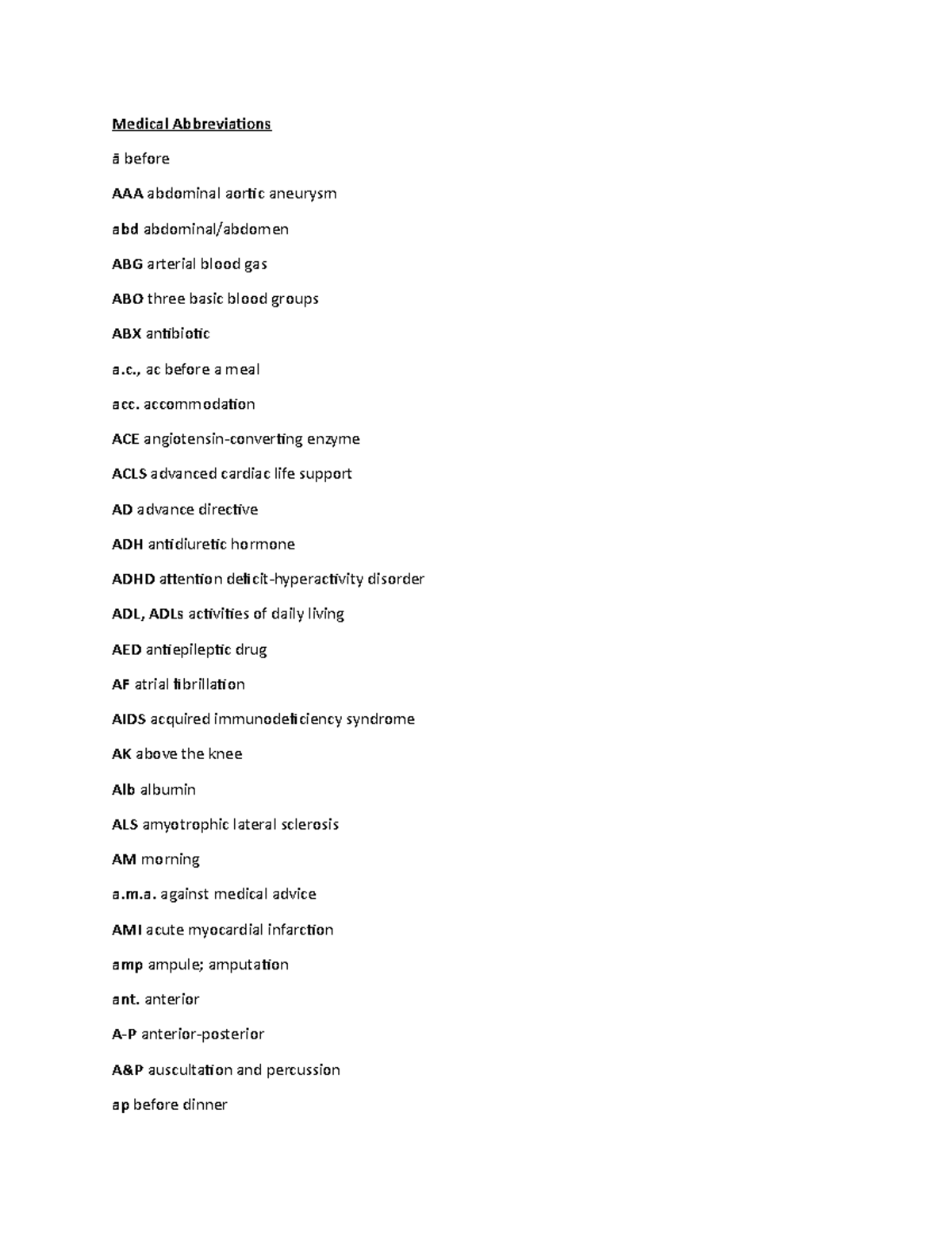 List of Medical Abbreviations - Medical Abbreviations ā before AAA ...