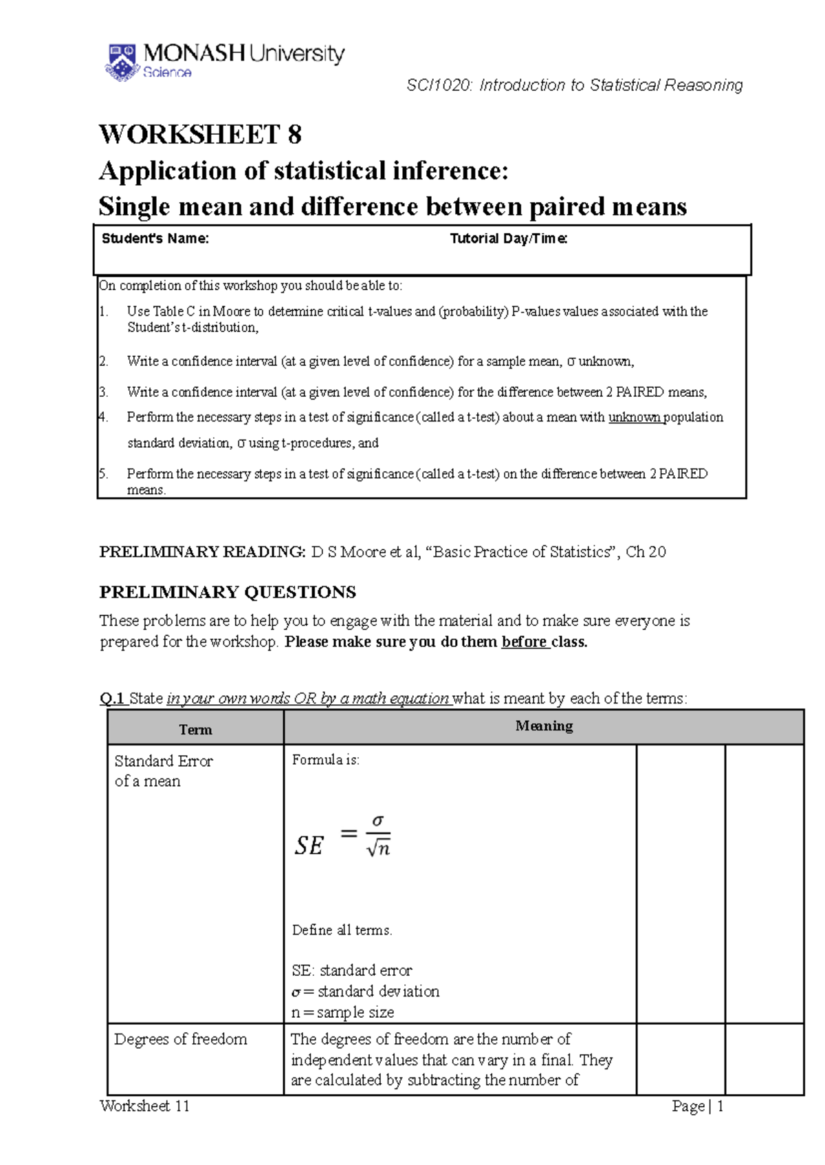 SCI1020 Worksheet 8 - Answers - SCI1020: Introduction to Statistical Reasoning WORKSHEET 8 - Studocu