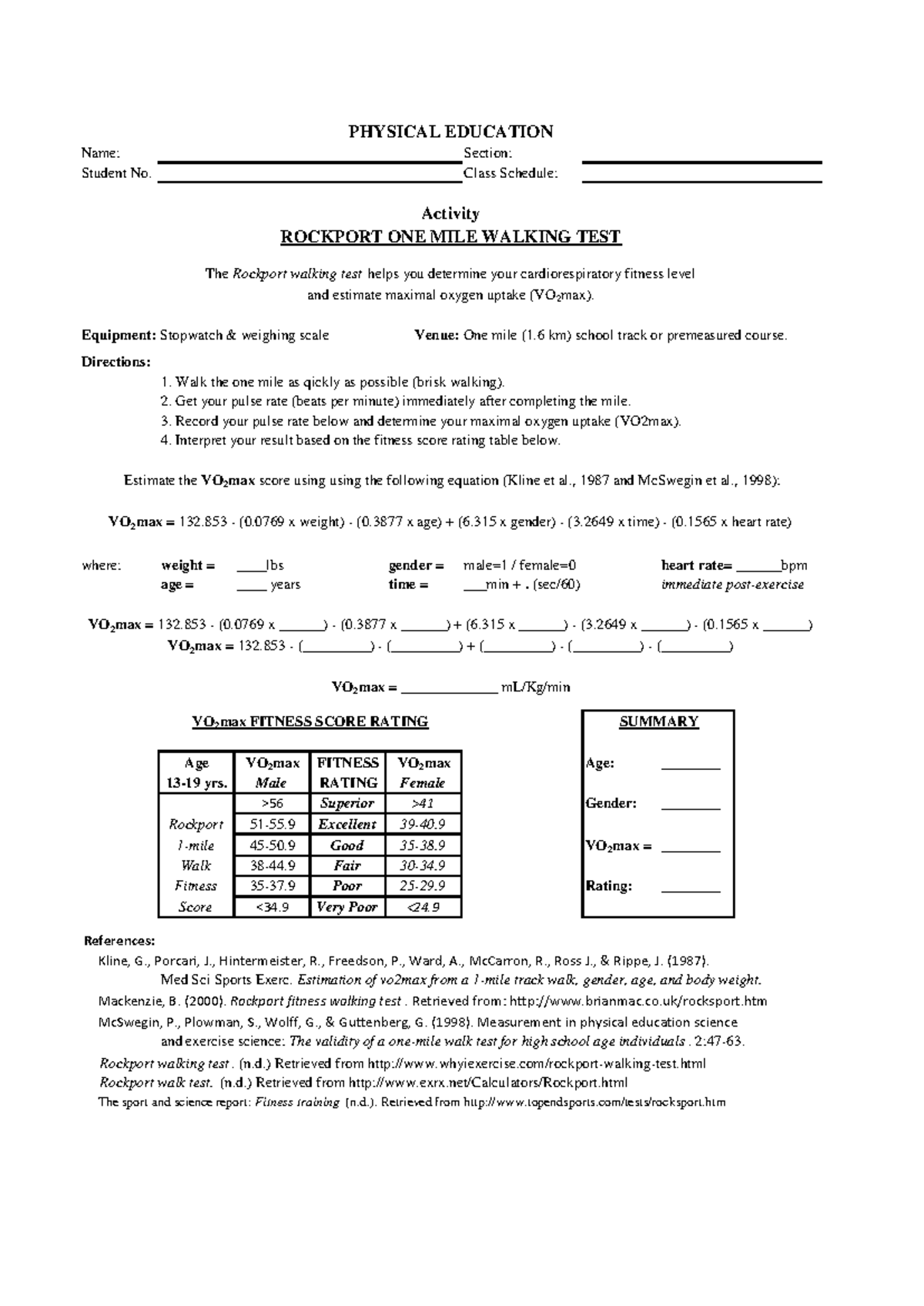 Rockport ONE MILE Walking TEST - Name: Section: Student No. Class ...
