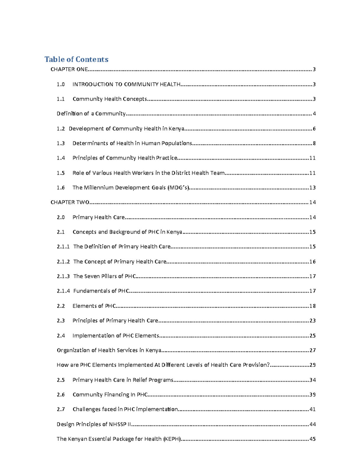 Community Health BOOK - N/A - Table of Contents CHAPTER - Studocu