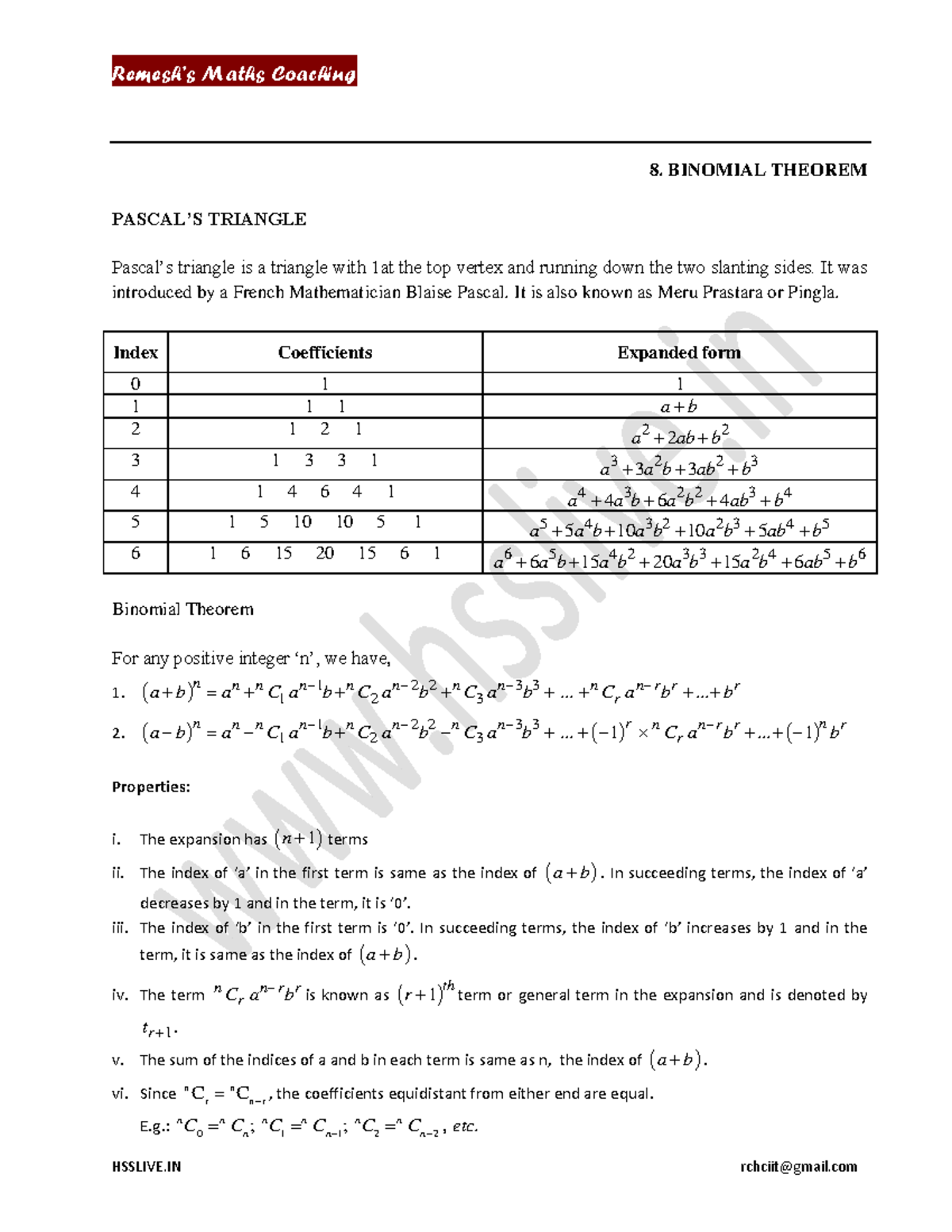 Focus area based study notes for students - 8. BINOMIAL THEOREM PASCAL ...
