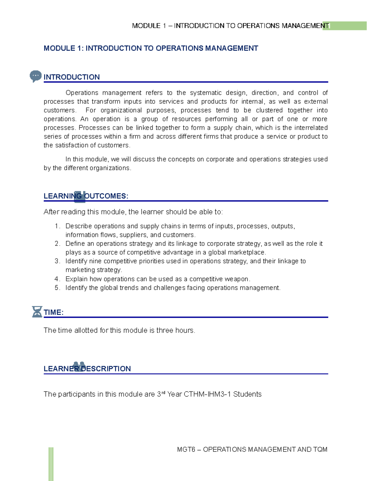 Module 1 Operations Management - A Competitive Advantage - MODULE 1 ...