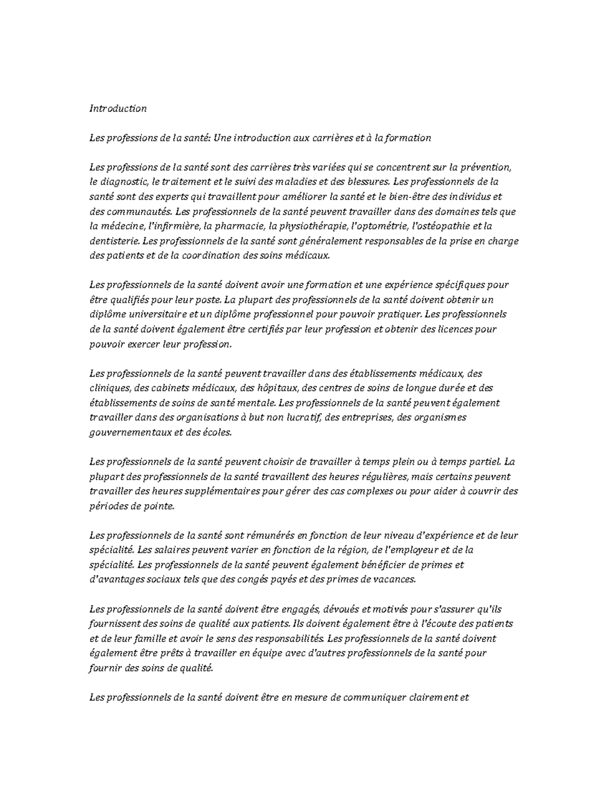 Health Professions Study Notes - Introduction Les professions de la ...