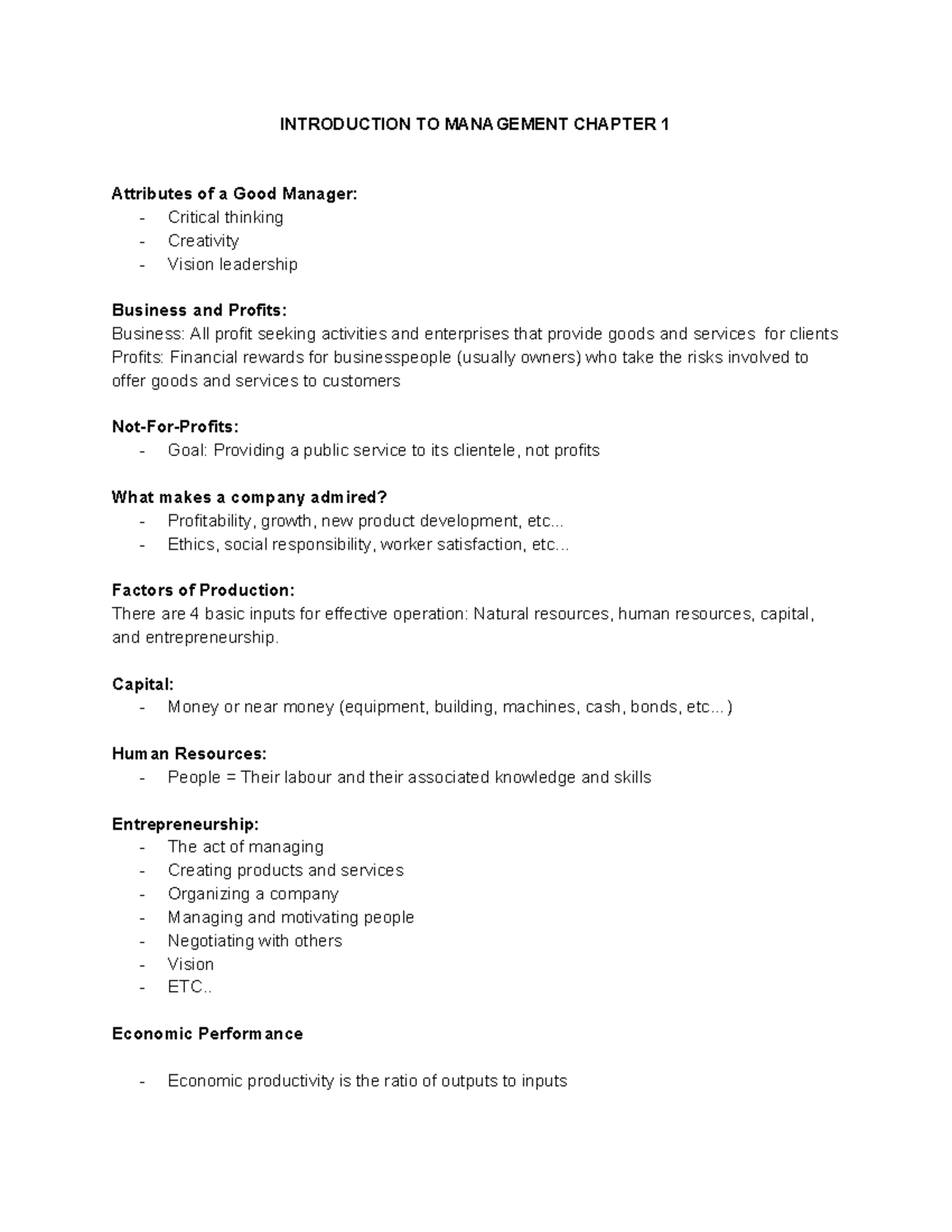 Lecture Notes Chapter 1lecture 1 Introduction To Management Chapter 1 Attributes Of A Good