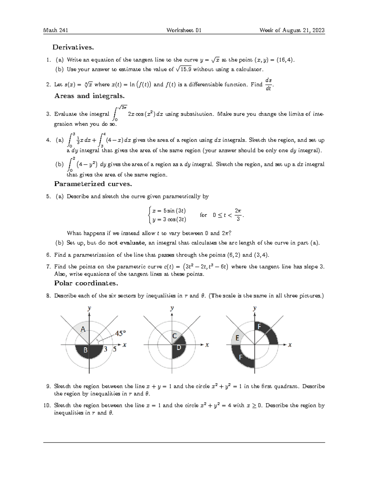 241 Worksheet 1 - Math 241 Worksheet 01 Week of August 21, 2023 ...