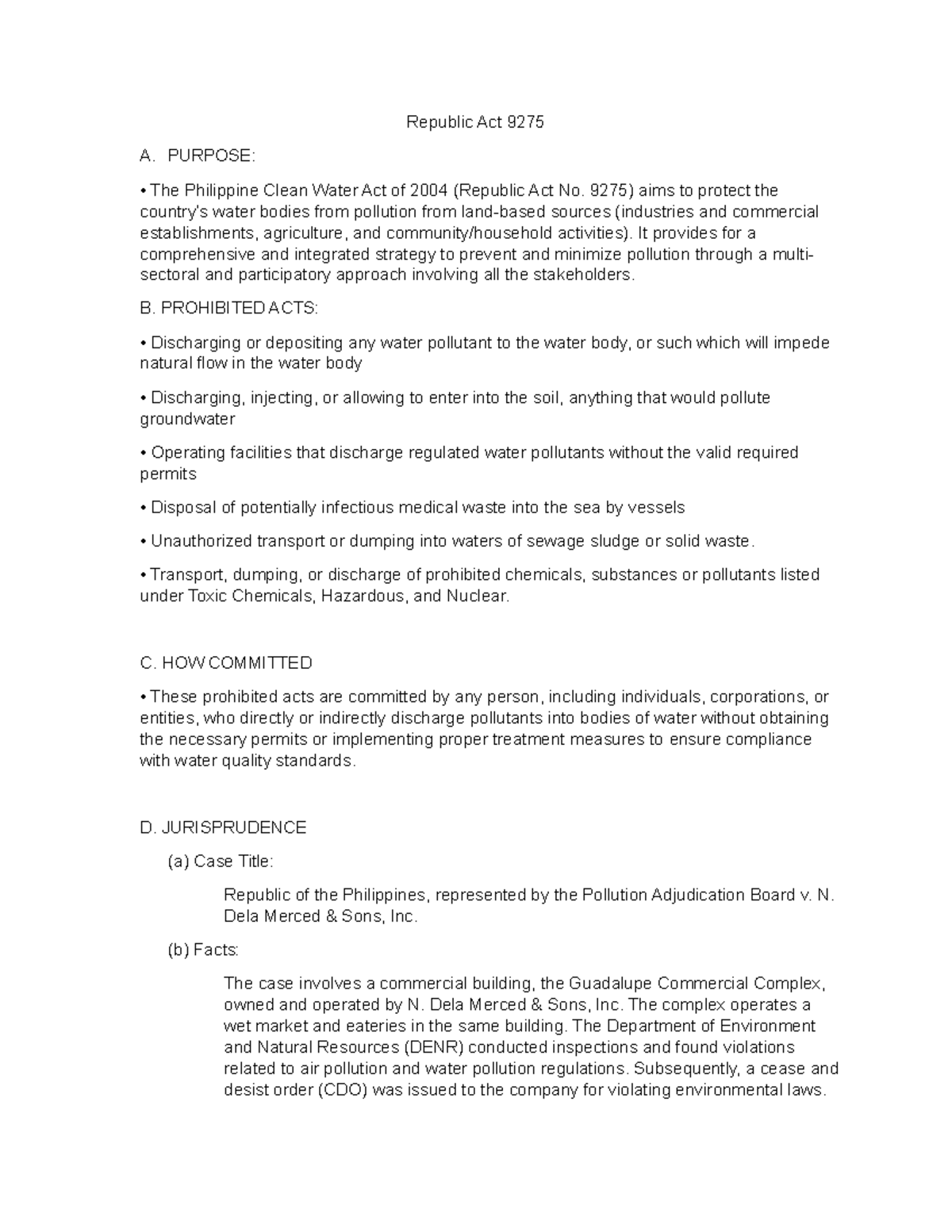 Group 2-RA 9275 - Republic Act 9275 A. PURPOSE: The Philippine Clean ...