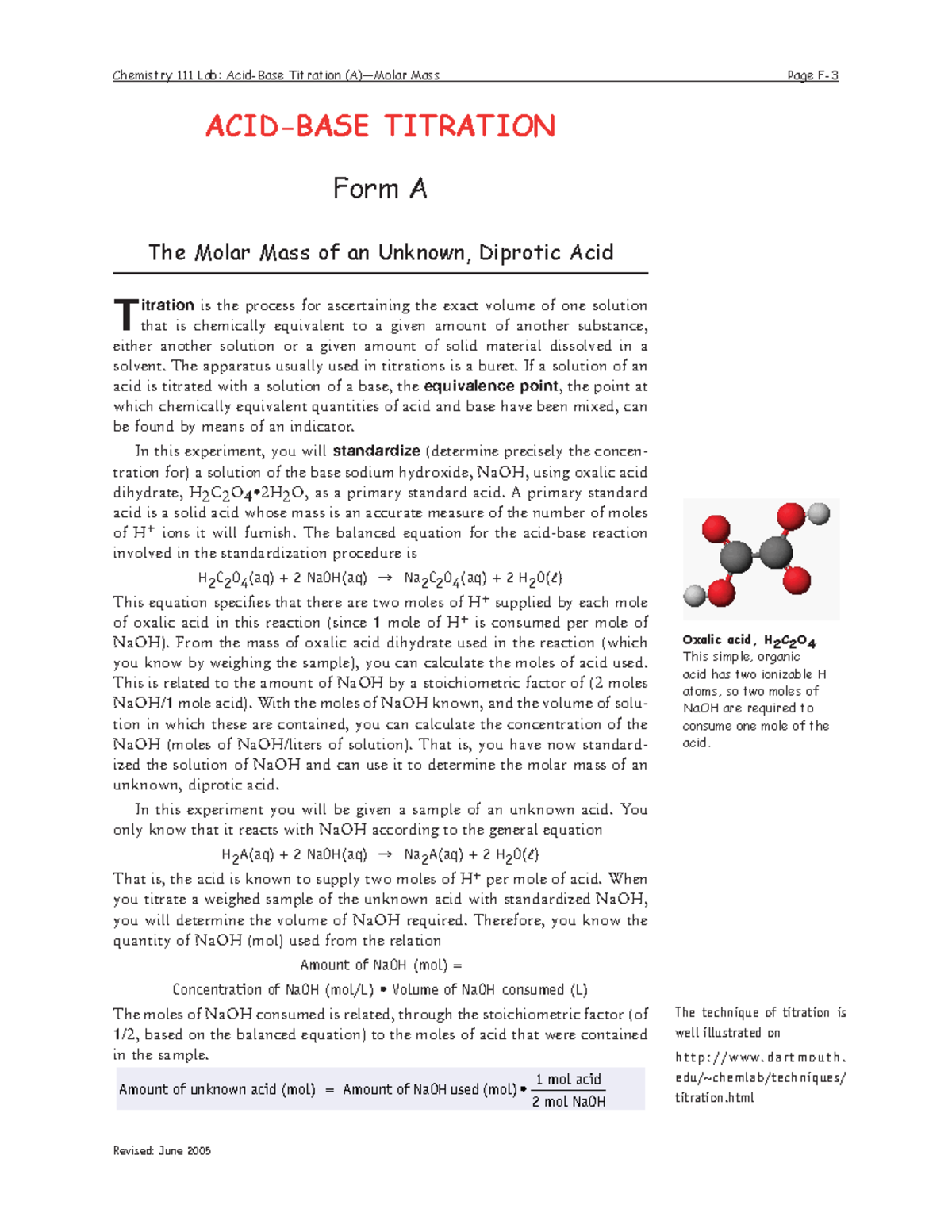 Acid Base - chemistry - ACID-BASE TITRATION Form A The Molar Mass of an ...