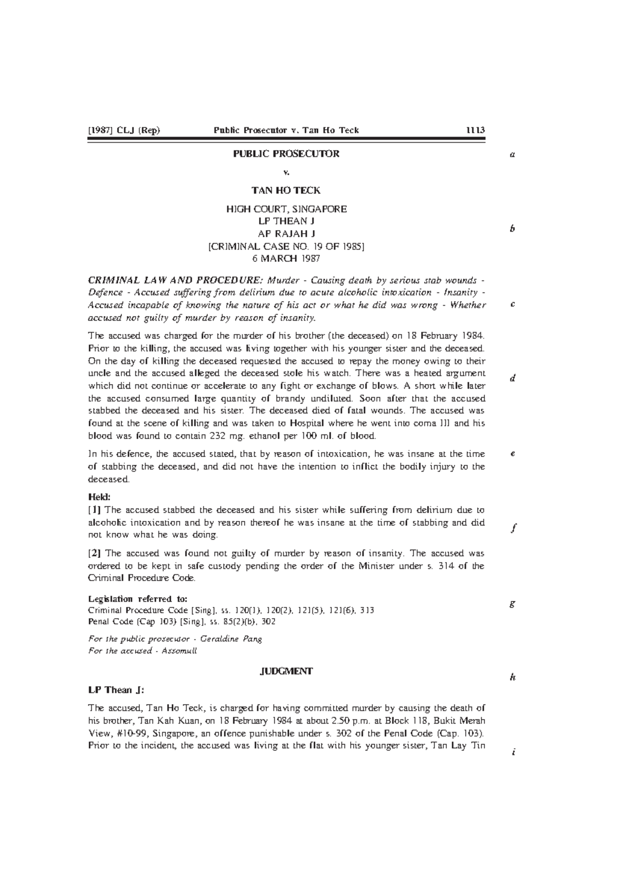 PP v Tan Ho Teck - cases - [1987] CLJ (Rep) Public Prosecutor v. Tan Ho ...