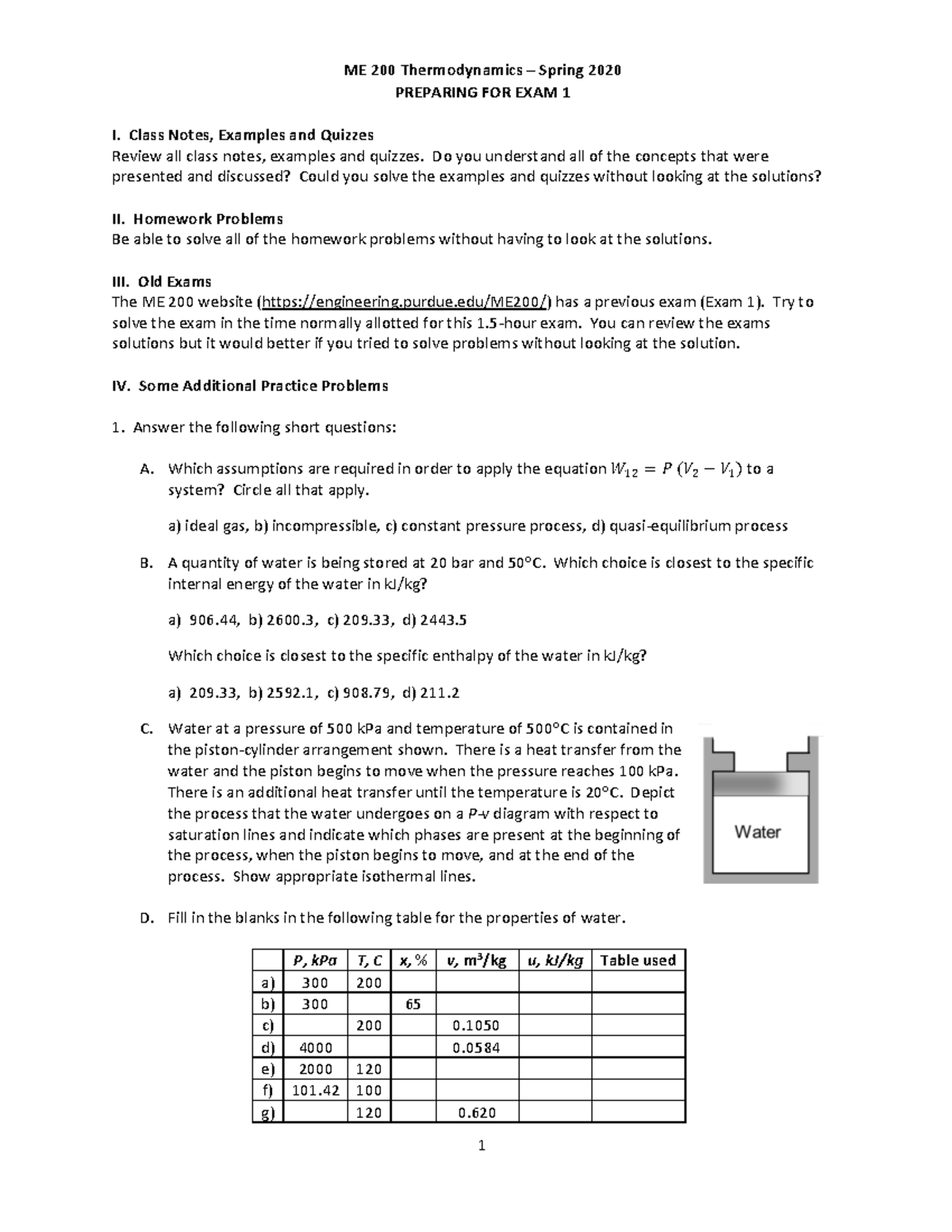 ME200 Spring 2020 Exam1 Practice Exam - ME 200 Thermodynamics – Spring ...