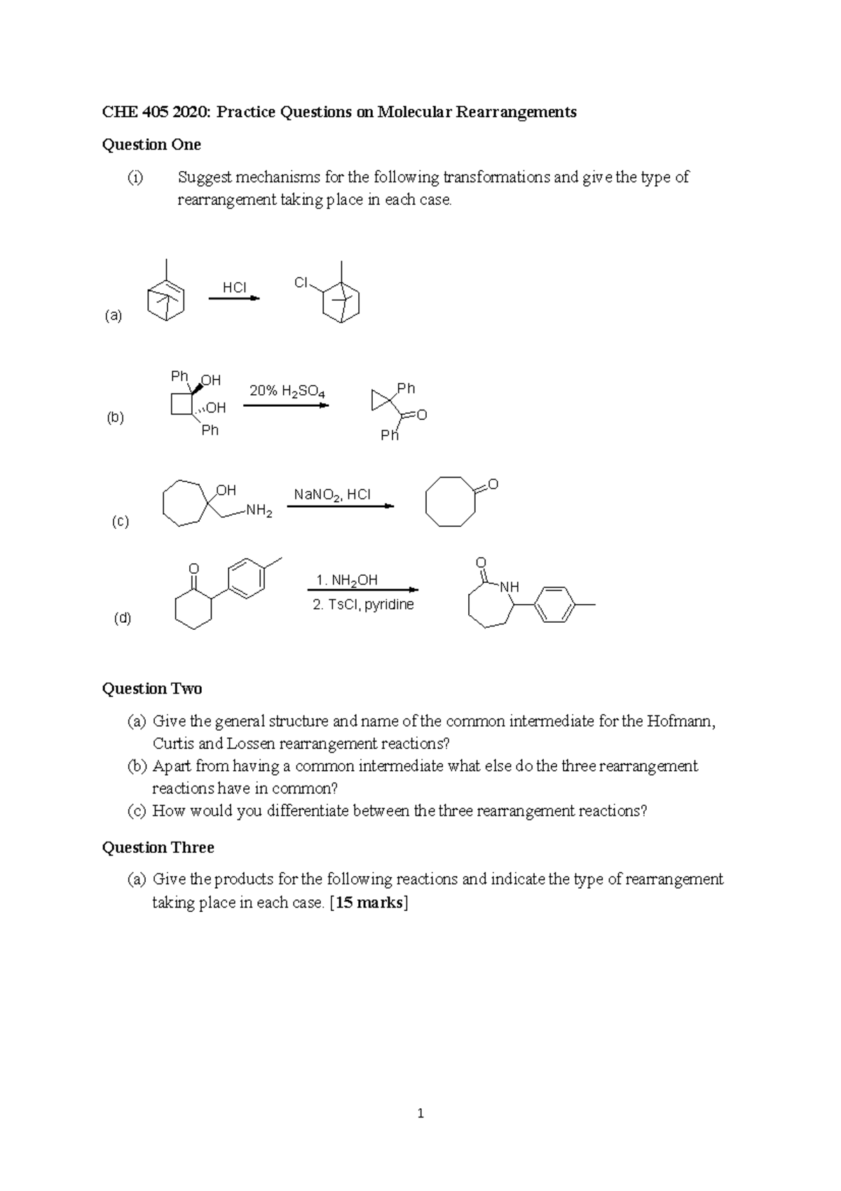 CHEM 405 2020 Practice Questions Rearrangements - CHE 405 2020 ...