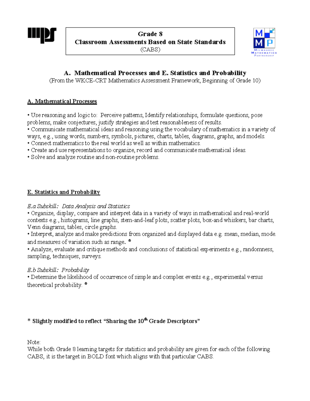 A. Mathematical Processes and E. Statistics and Probability Grade 8 ...