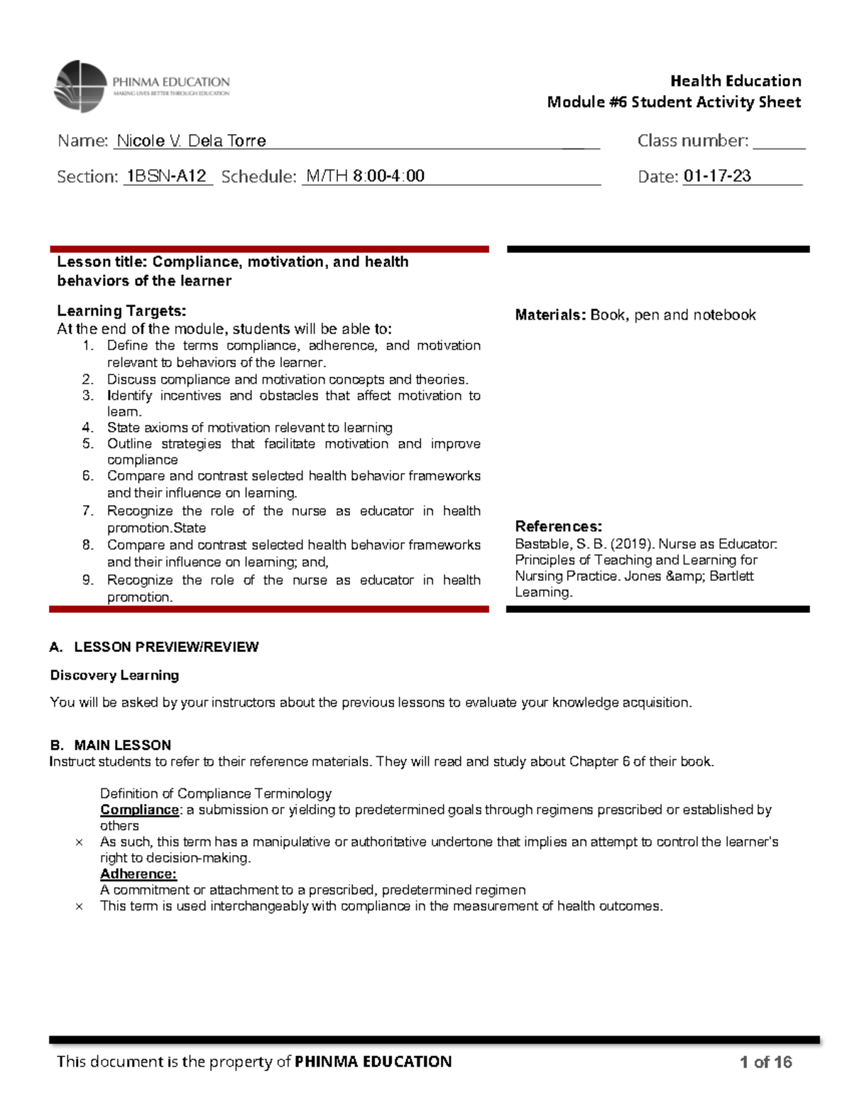 Dela Torre, Nicole V.HE SAS 6 - Module #6 Student Activity Sheet Name ...