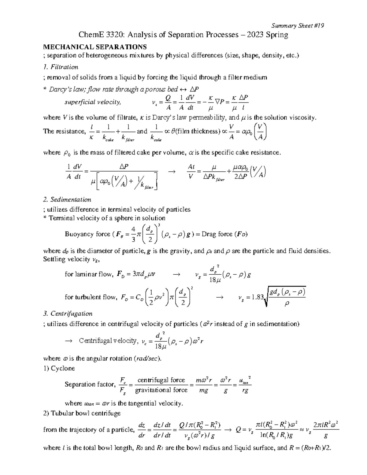 Chem E 3320 Summary 19 - Mechanical Separations - Summary Sheet ChemE ...