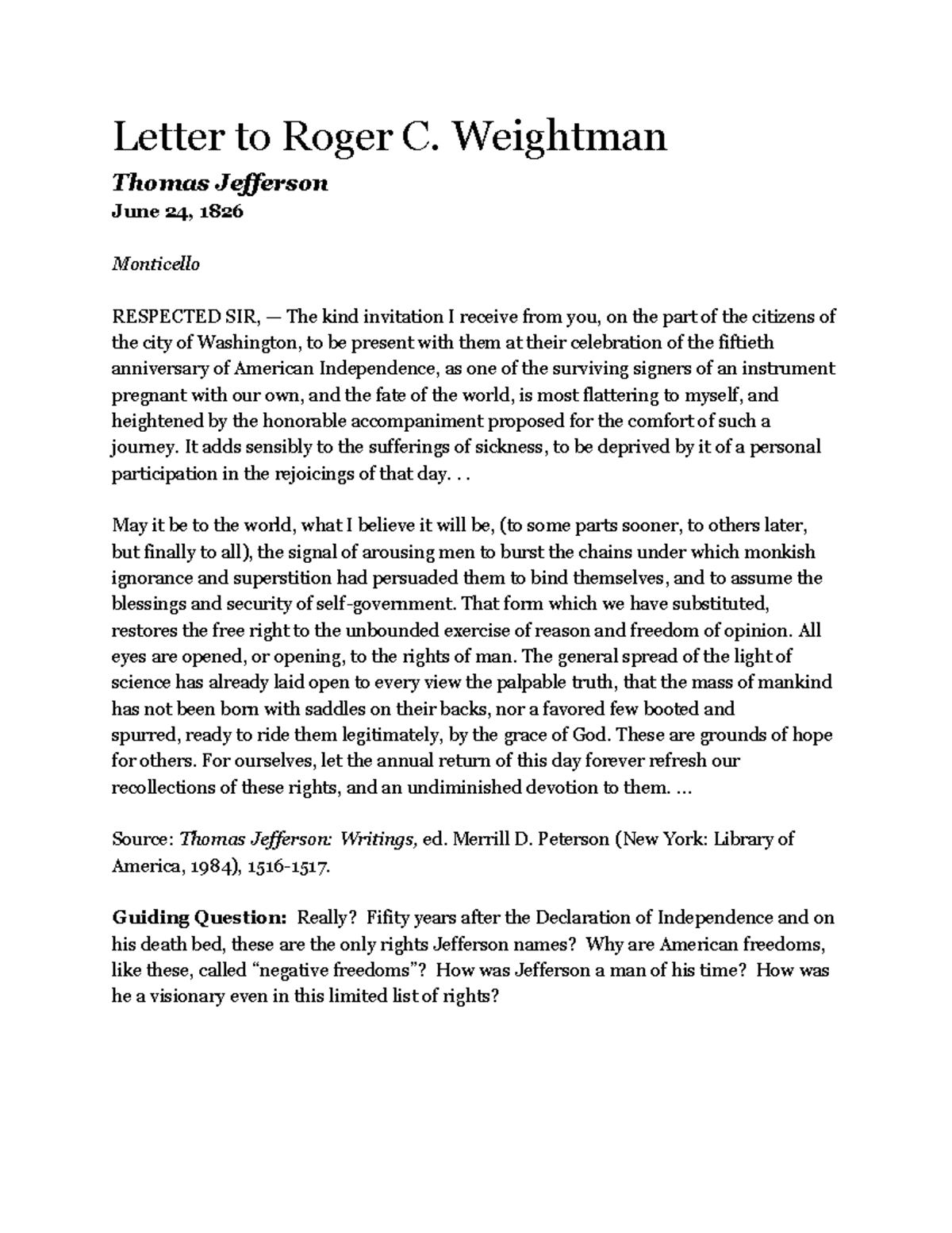 Hamilton and Jefferson, Documents - Letter to Roger C. Weightman Thomas ...