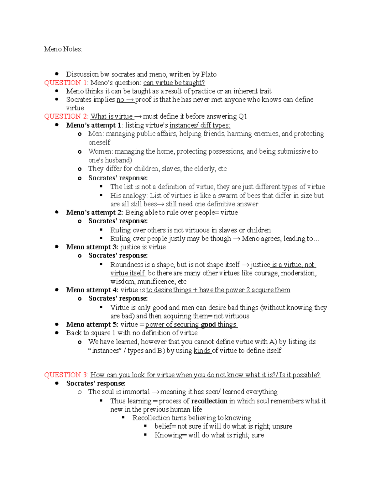 Meno Notes - Meno Notes: Discussion bw socrates and meno, written by ...