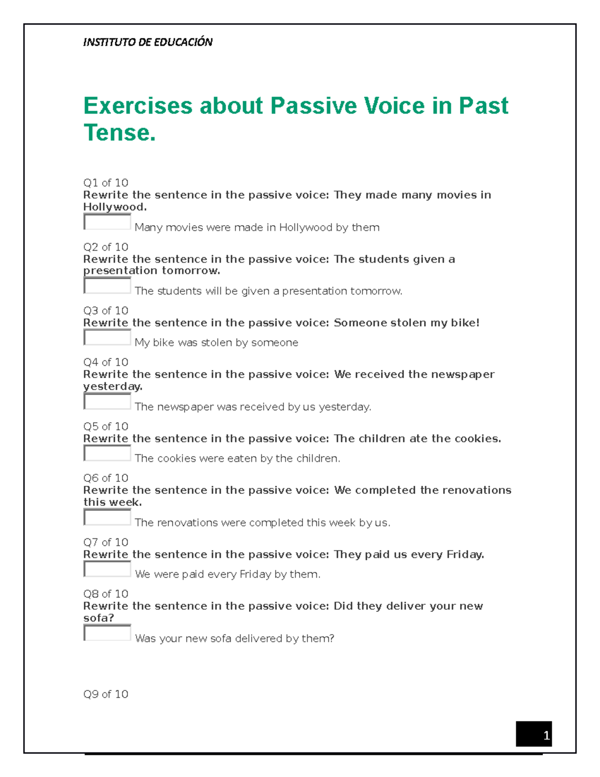INGLES - VOZ PASIVA EN TIEMPO PASADO - INSTITUTO DE EDUCACIÓN Exercises ...