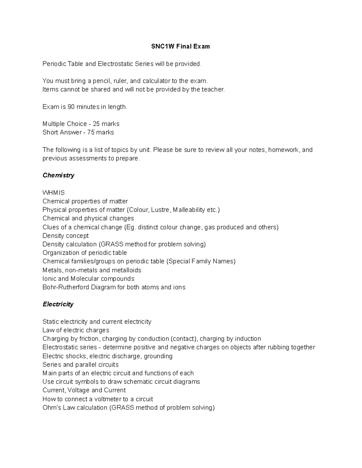 SNC1W Final Exam Topic Sheet - SNC1W Final Exam Periodic Table and ...