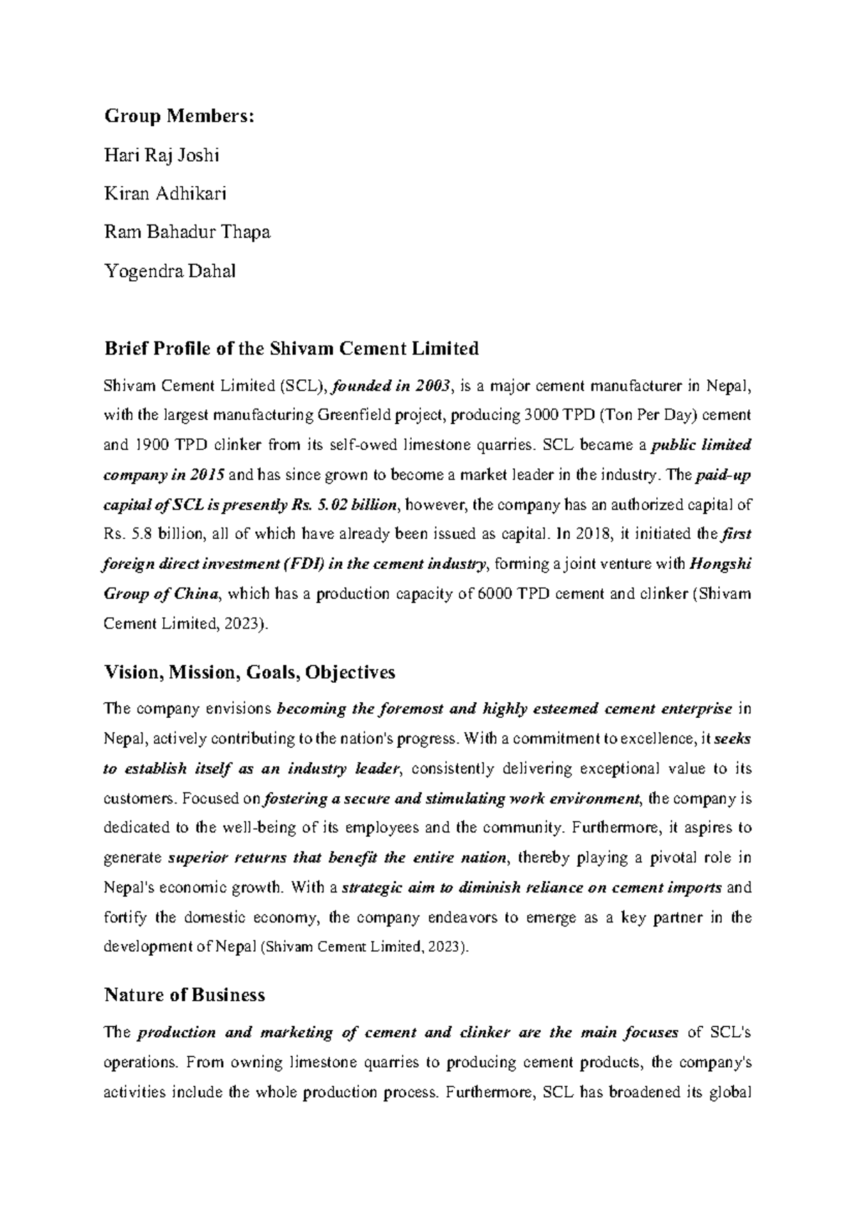 Brief Profile of the Shivam Cement Limited 1(1) - Group Members: Hari ...
