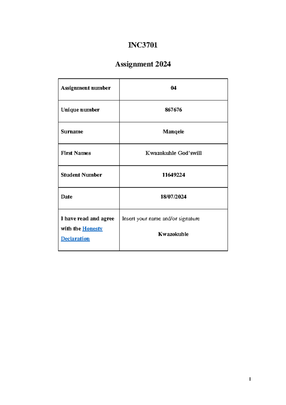 INC3701 Assignment 04 - INC Assignment 2024 Assignment number 04 Unique number 867676 Surname ...