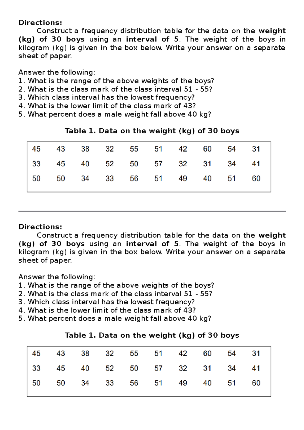 Activity 4 - Math - Directions: Construct a frequency distribution ...