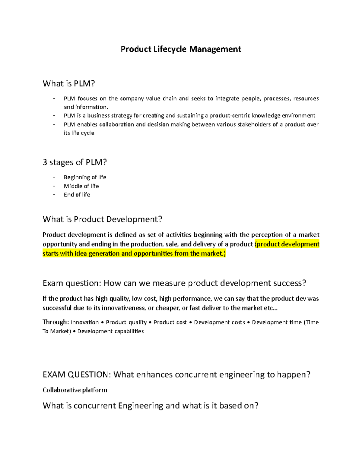 PLM - appunti - Product Lifecycle Management What is PLM? PLM focuses ...