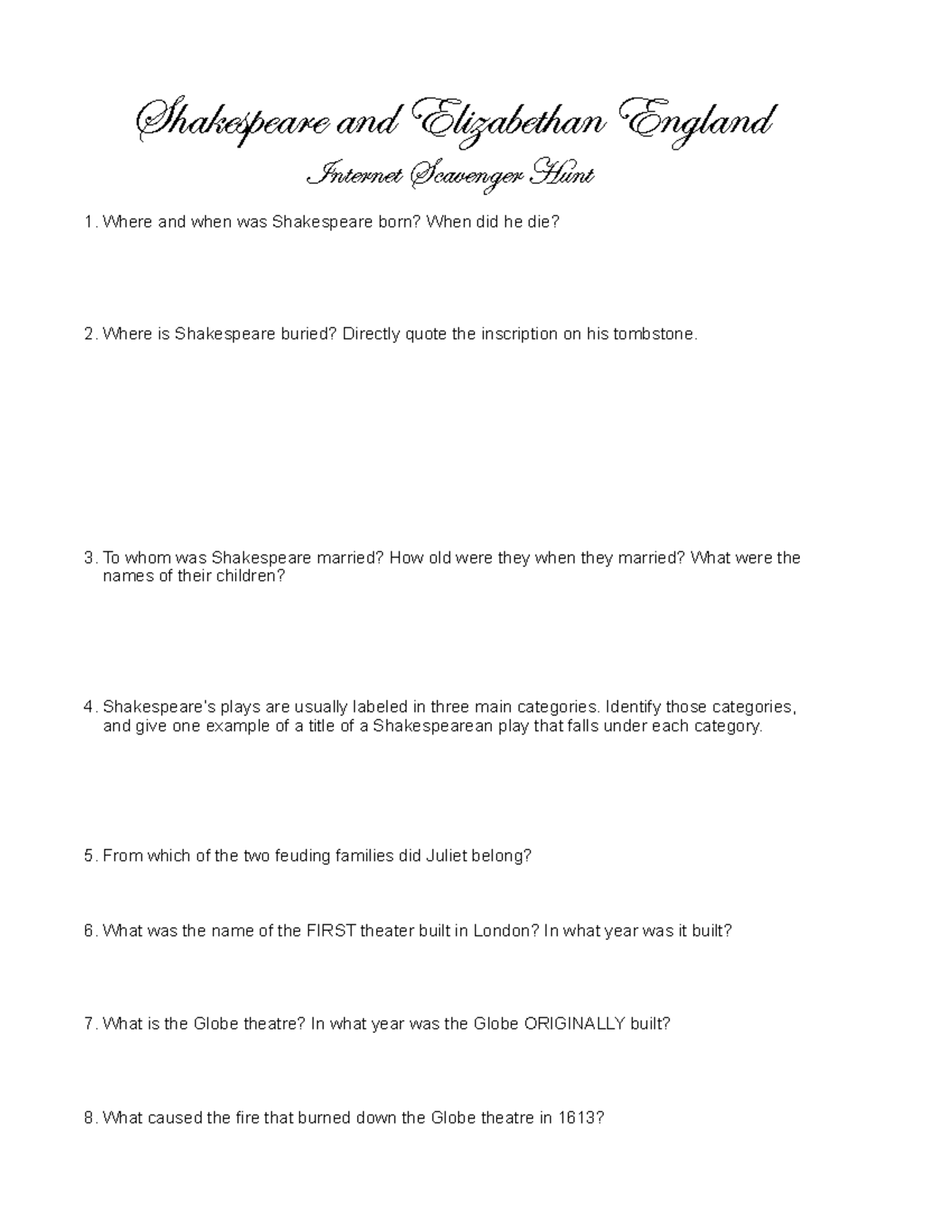Shakespeare scavenger hunt - Shakespeare and Elizabethan England ...