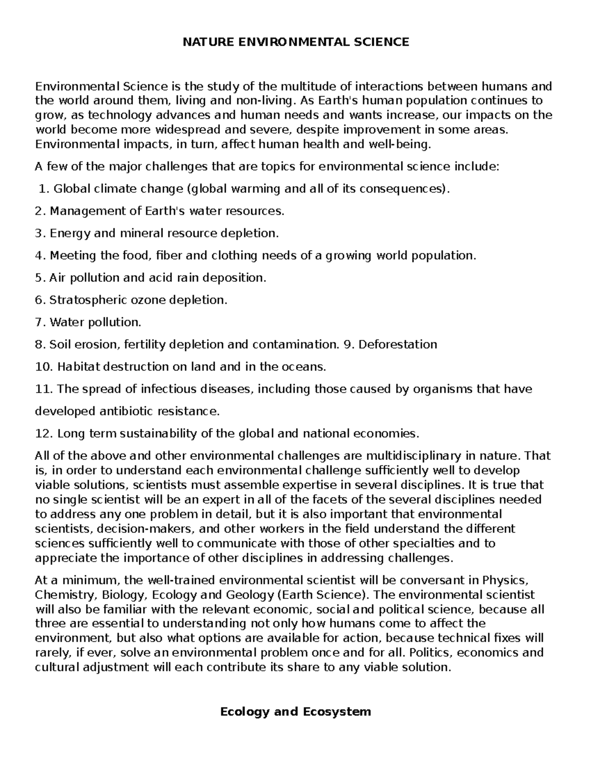 Report - environmental science - NATURE ENVIRONMENTAL SCIENCE ...