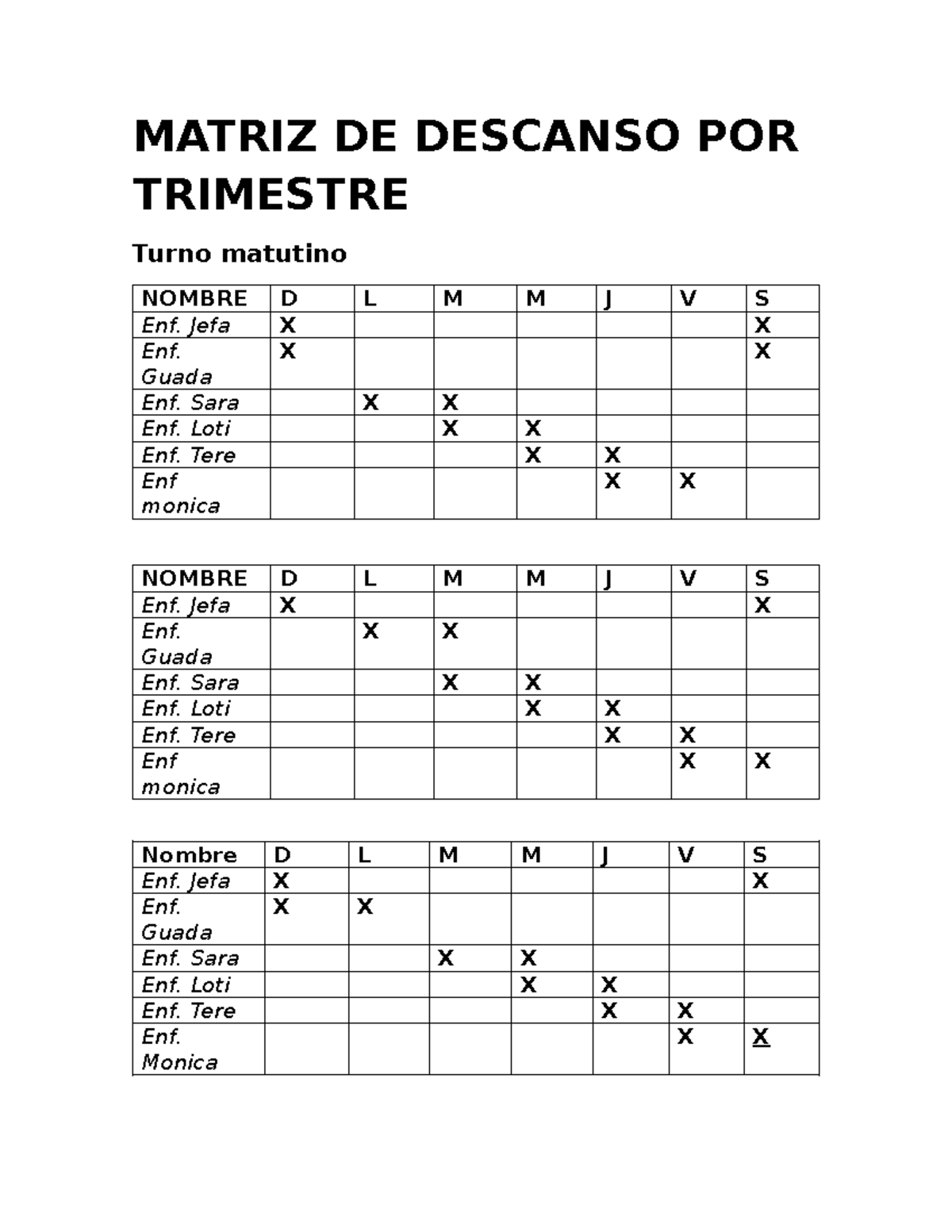 Dana - Resumen - MATRIZ DE DESCANSO POR TRIMESTRE Turno matutino NOMBRE ...