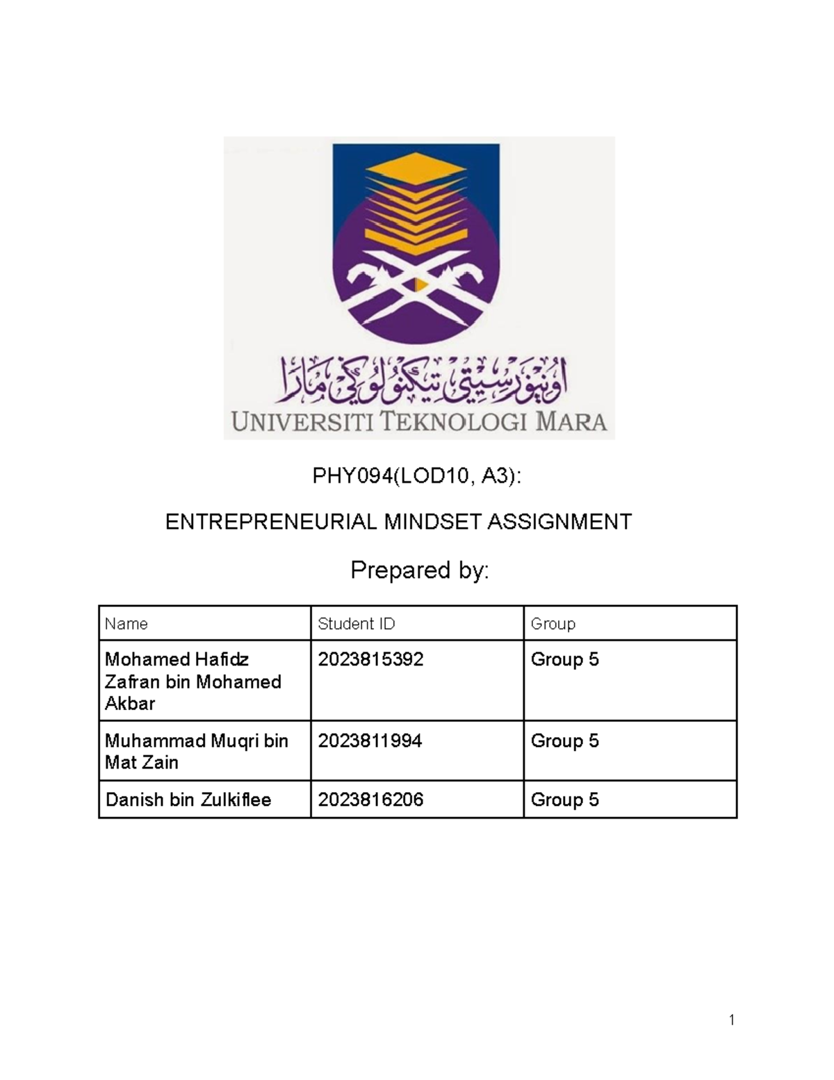 PHY 094 Group 5 Assignment - PHY094(LOD10, A3): ENTREPRENEURIAL MINDSET ASSIGNMENT Prepared by ...