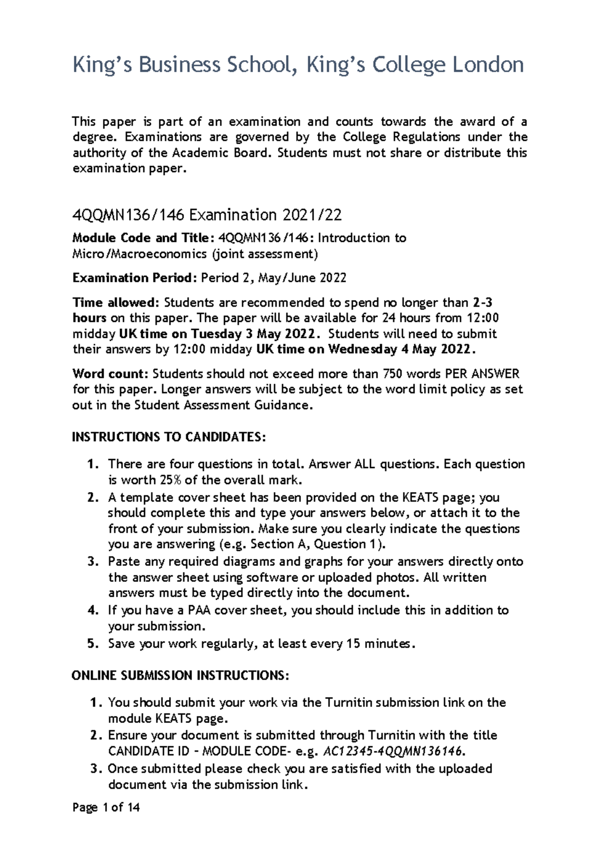 4QQMN136146 Period 2 Exam 2021-22 - King’s Business School, King’s ...