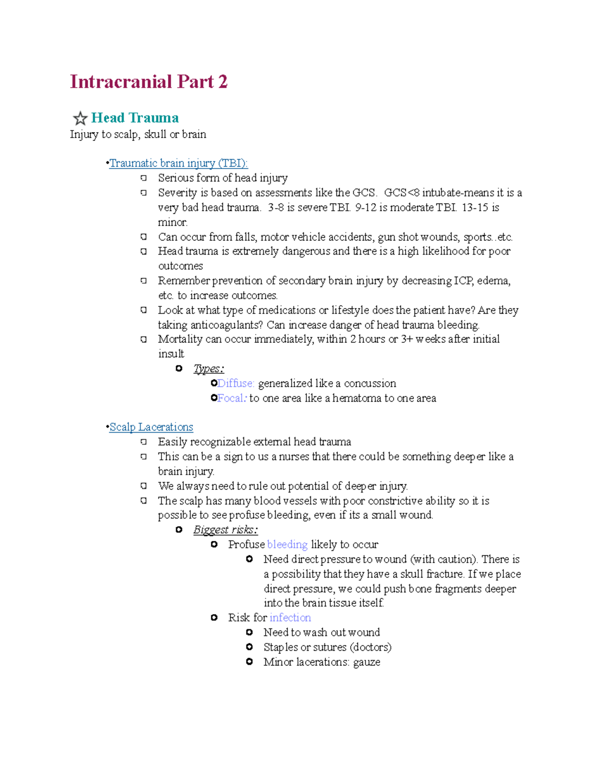 Med Surg Exam 4 SG - Study Guide - Intracranial Part 2 Head Trauma ...